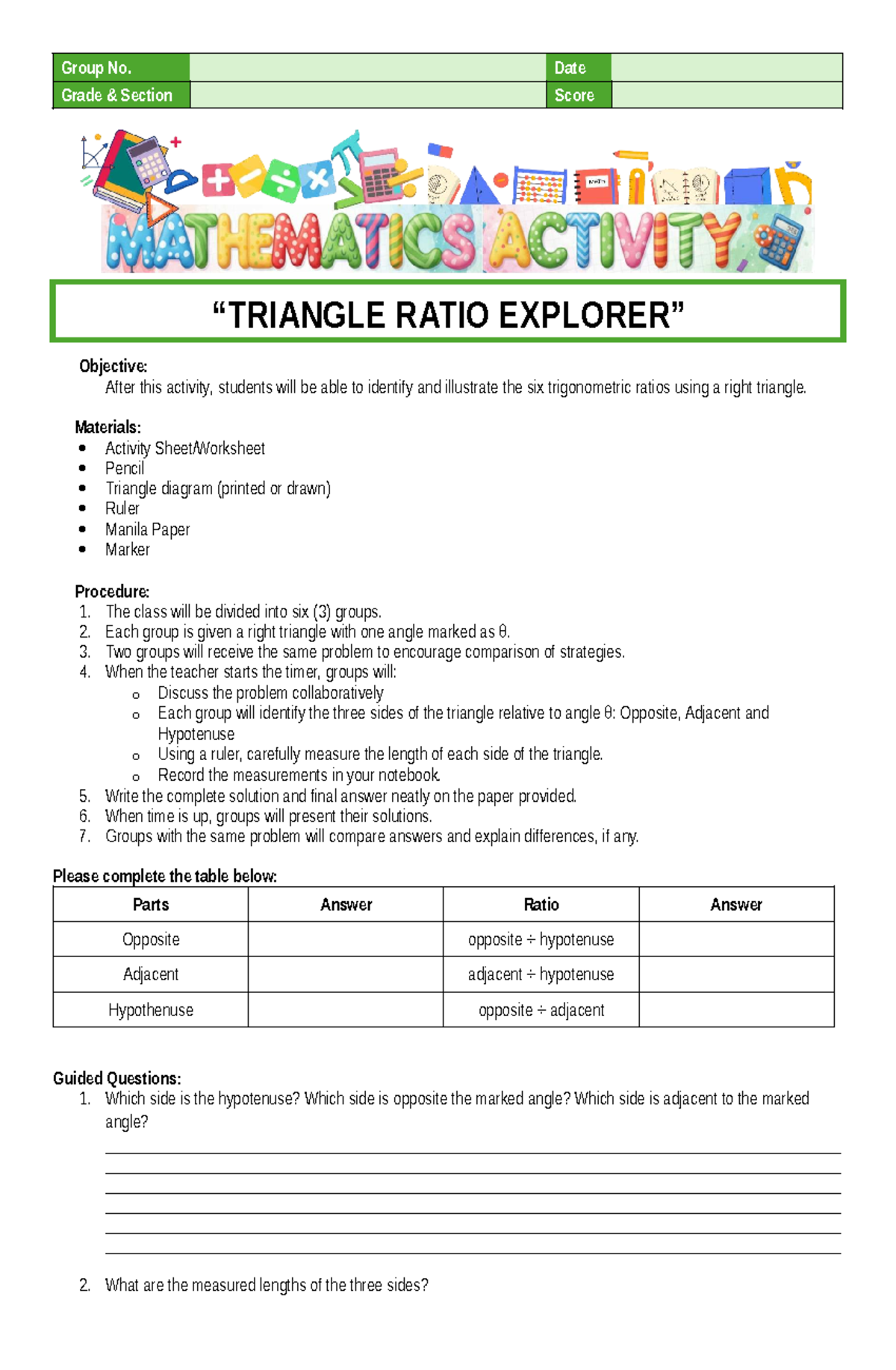 Trigonometric Ratios Activity Sheet - Group Work - Studocu
