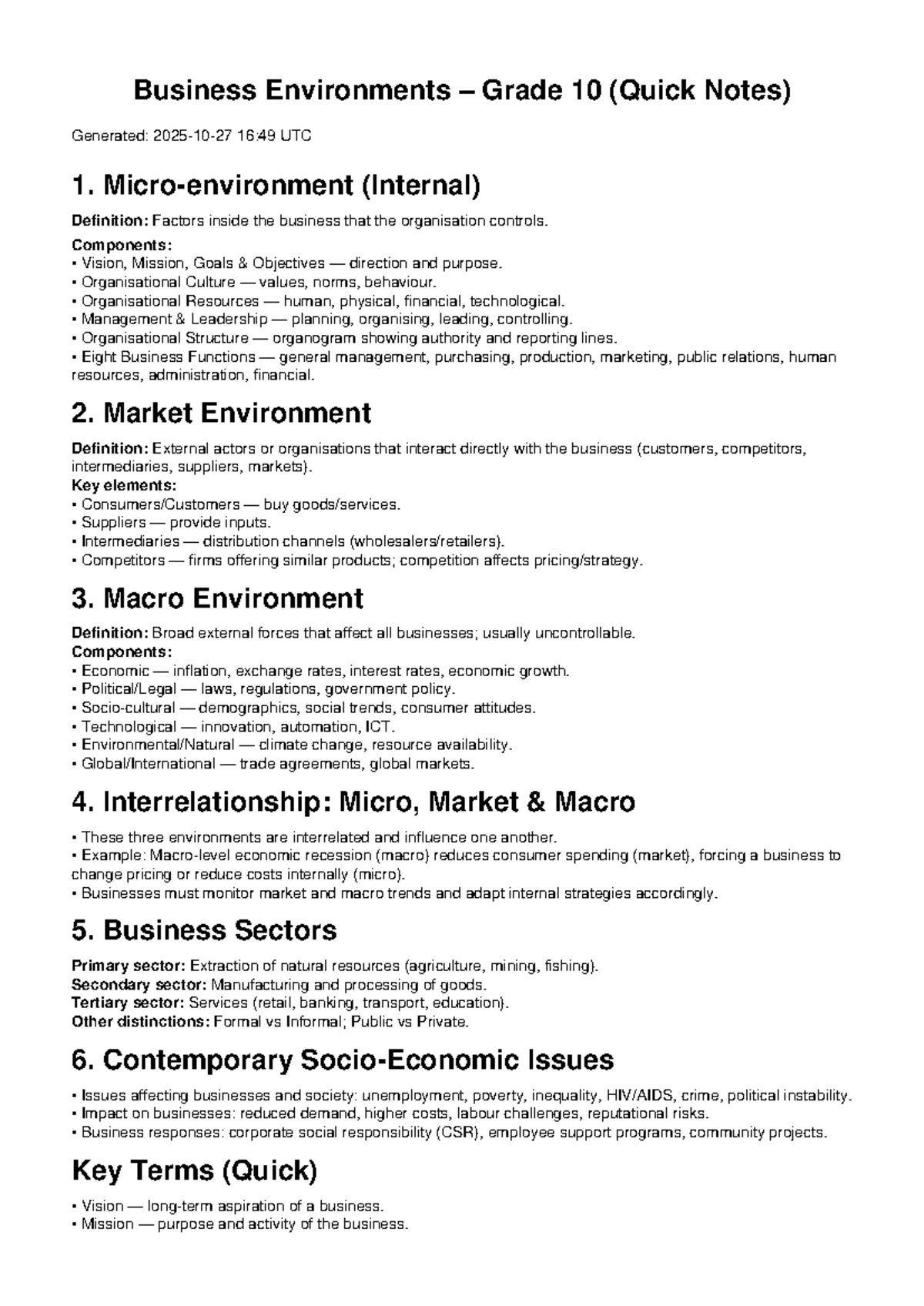 Business Environments Grade 10 (Quick Notes) - Studocu