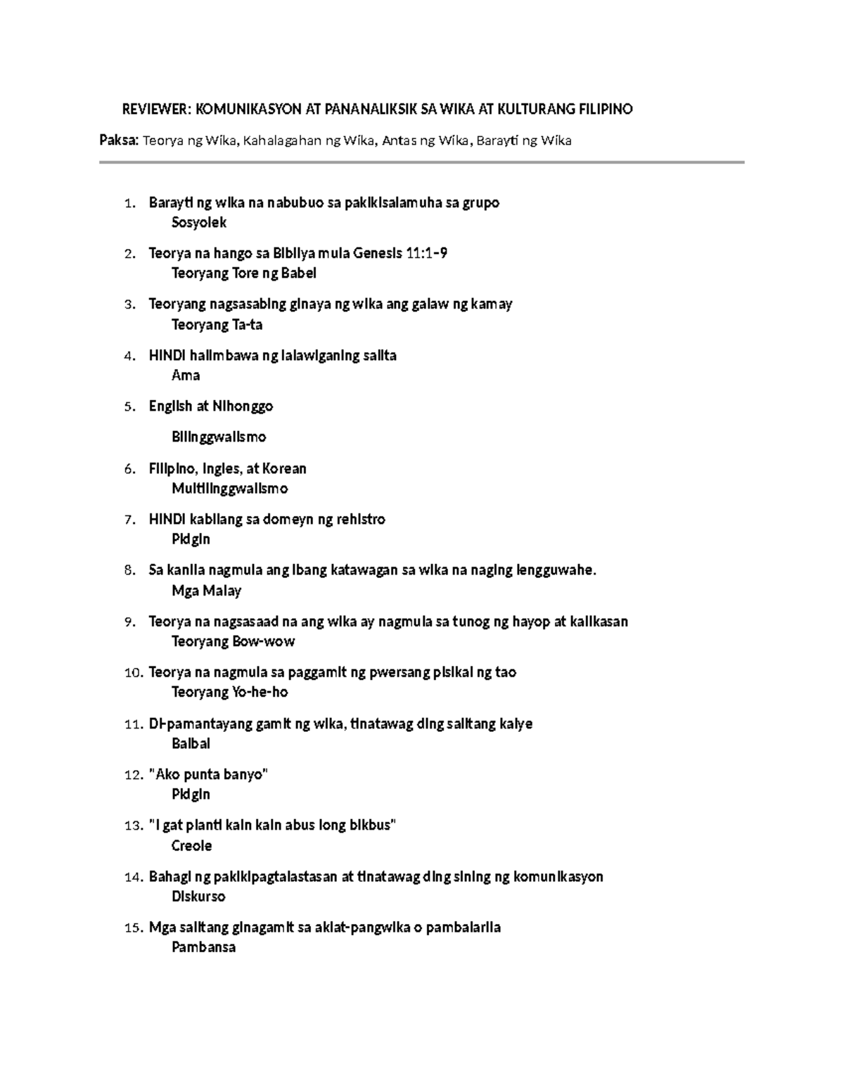 REVIEWER: KOMUNIKASYON AT PANANALIKSIK SA WIKA AT KULTURANG FILIPINO ...
