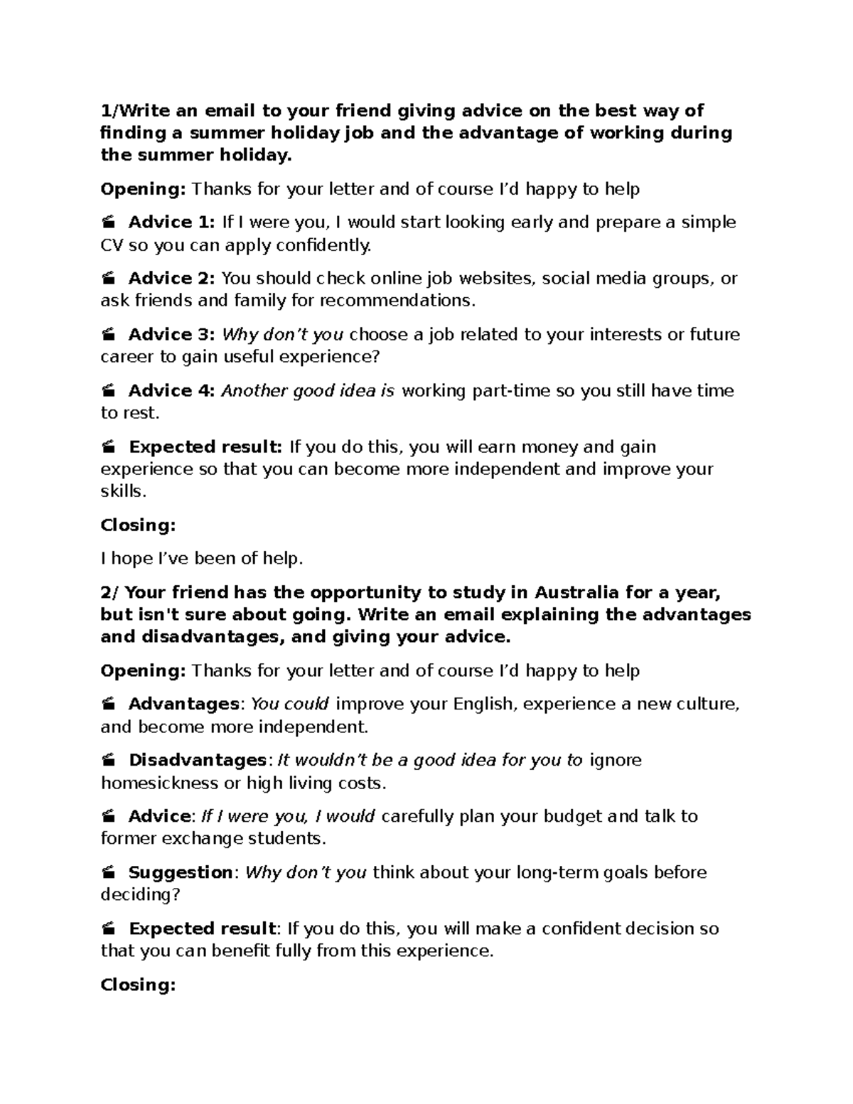 Outline Writing Advice for Summer Jobs and Healthy Living - Studocu