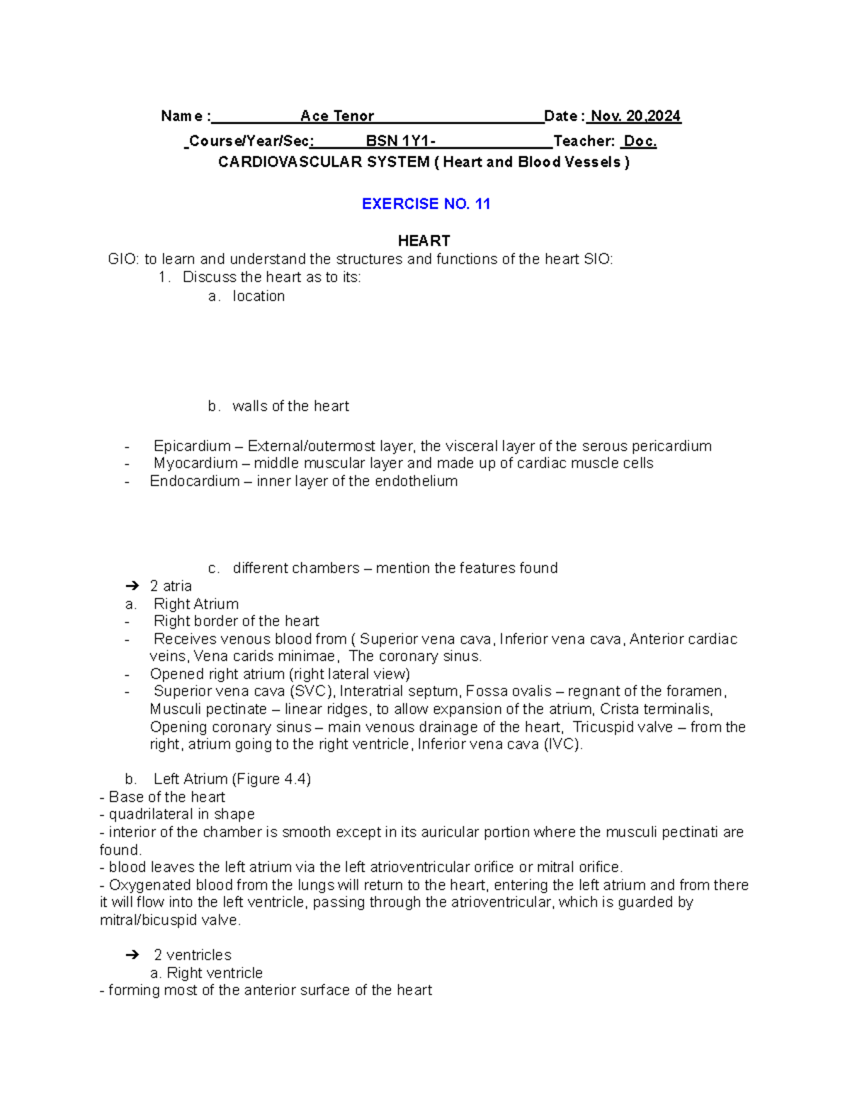 Heart LAB EXERCISE 11: Understanding Cardiovascular Anatomy and ...