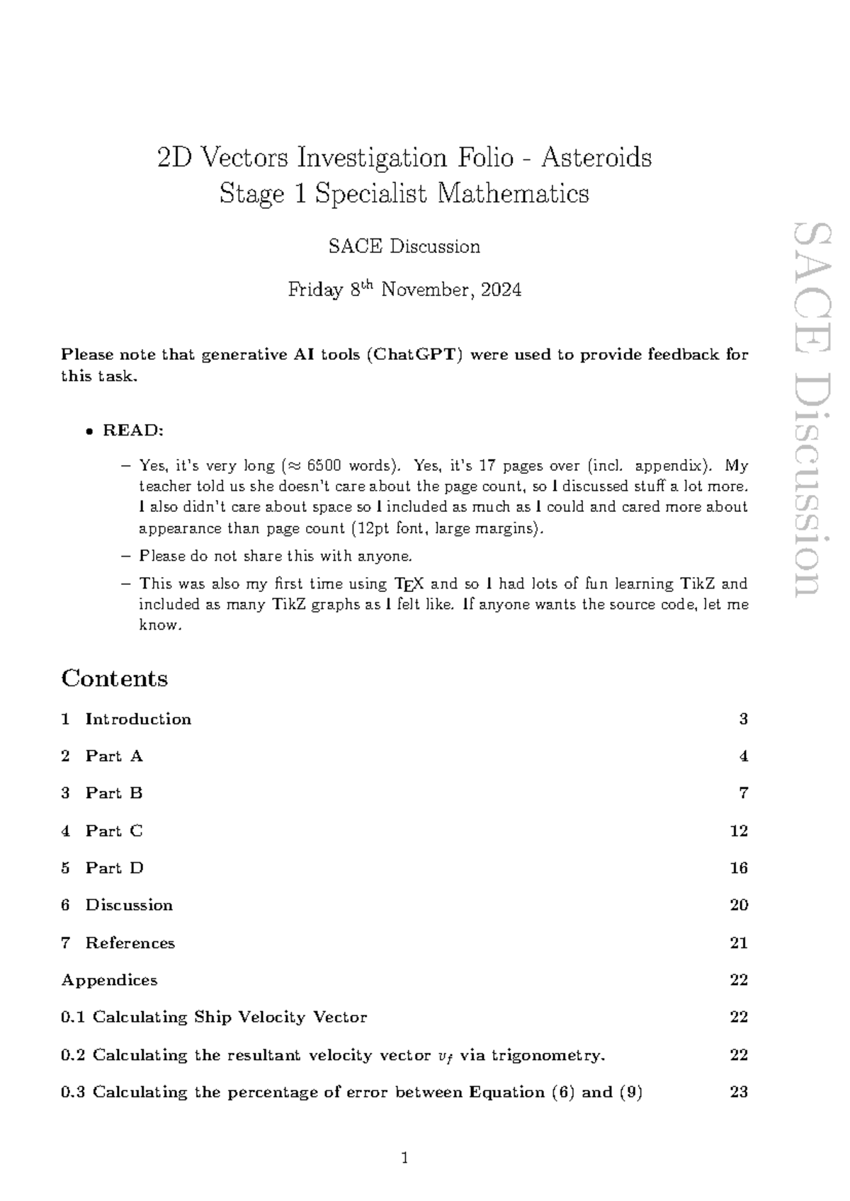 SACE Stage 1 Specialist Mathematics: 2D Vectors Investigation Report ...