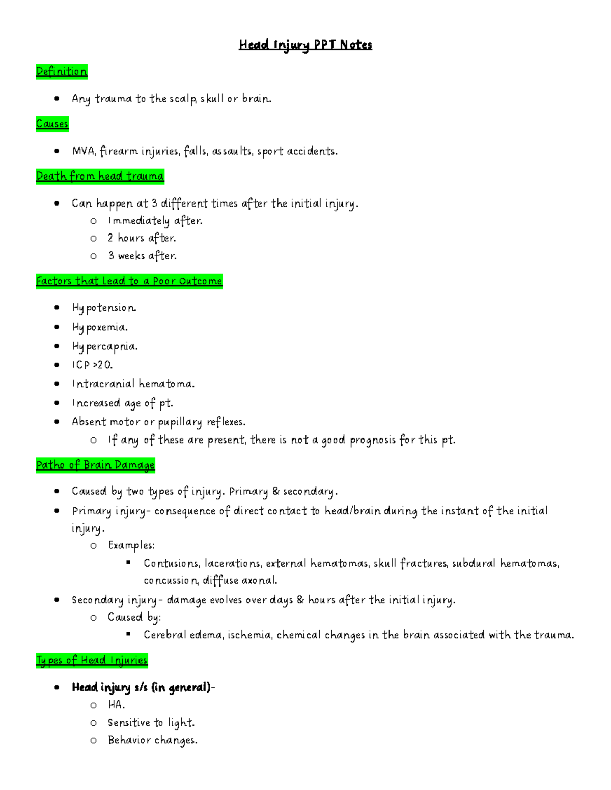 Head Injury PPT Notes: Key Concepts and Management Guidelines - Studocu