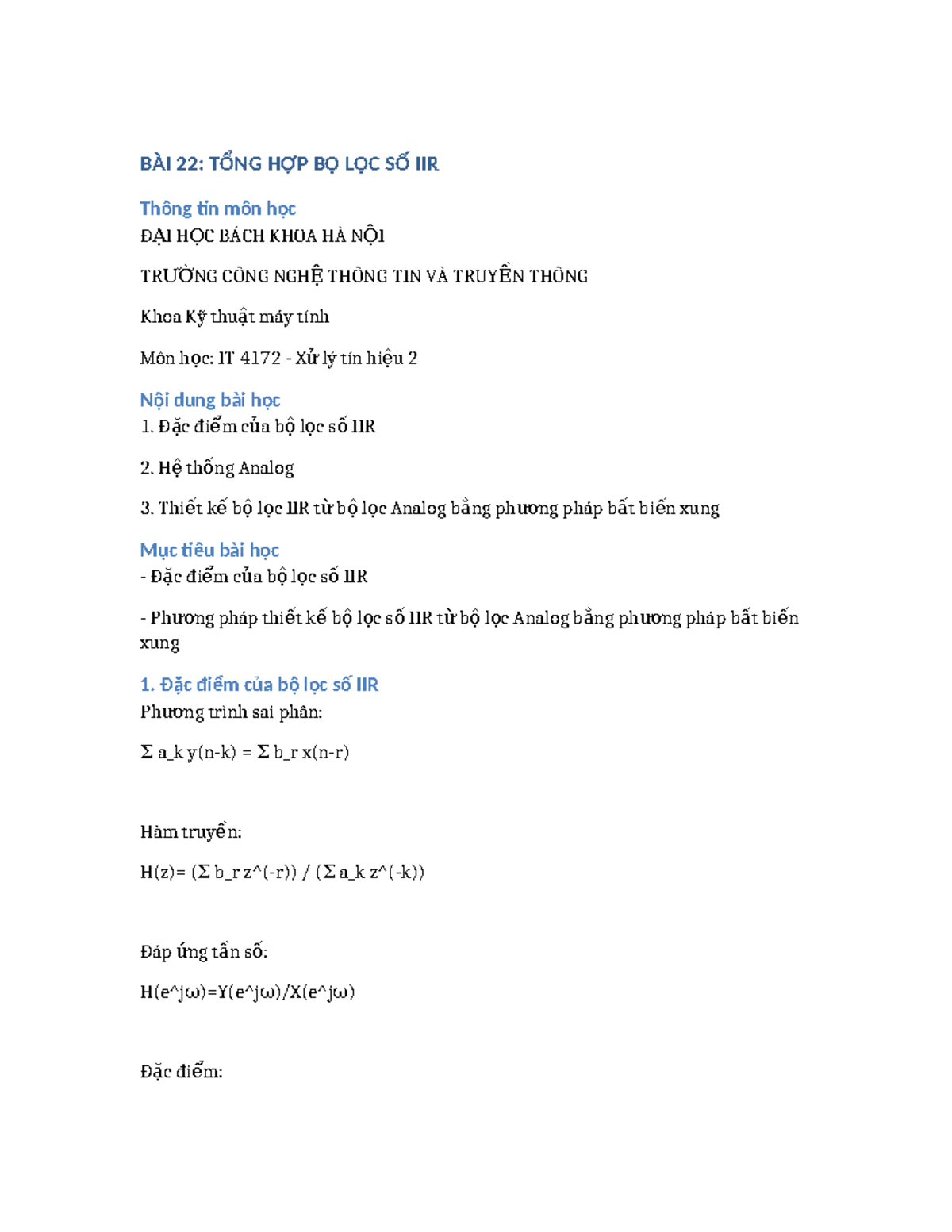 Bài 22: Tổng Hợp Bộ Lọc Số IIR - Môn IT 4172 Xử Lý Tín Hiệu 2 - Studocu