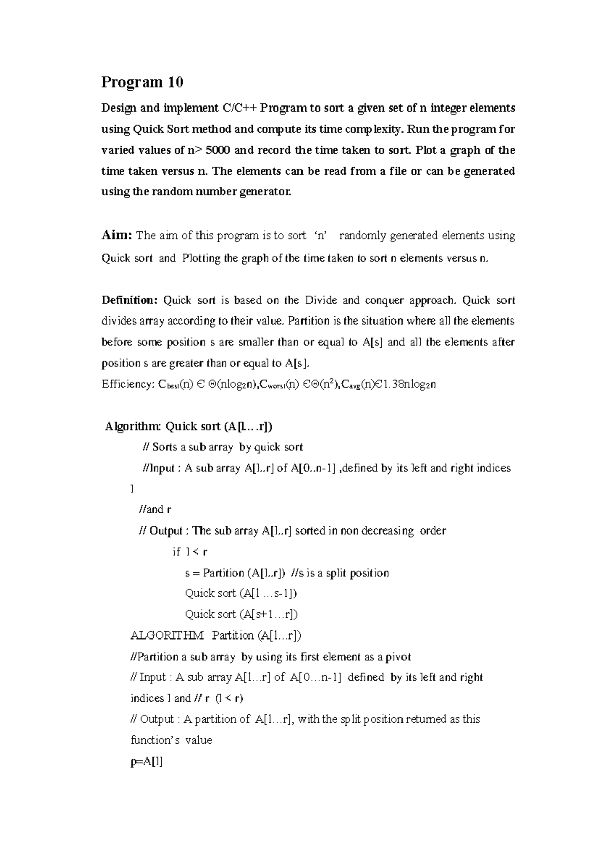 Quick Sort Program 10: Design, Implementation, and Time Complexity Analysis - Studocu