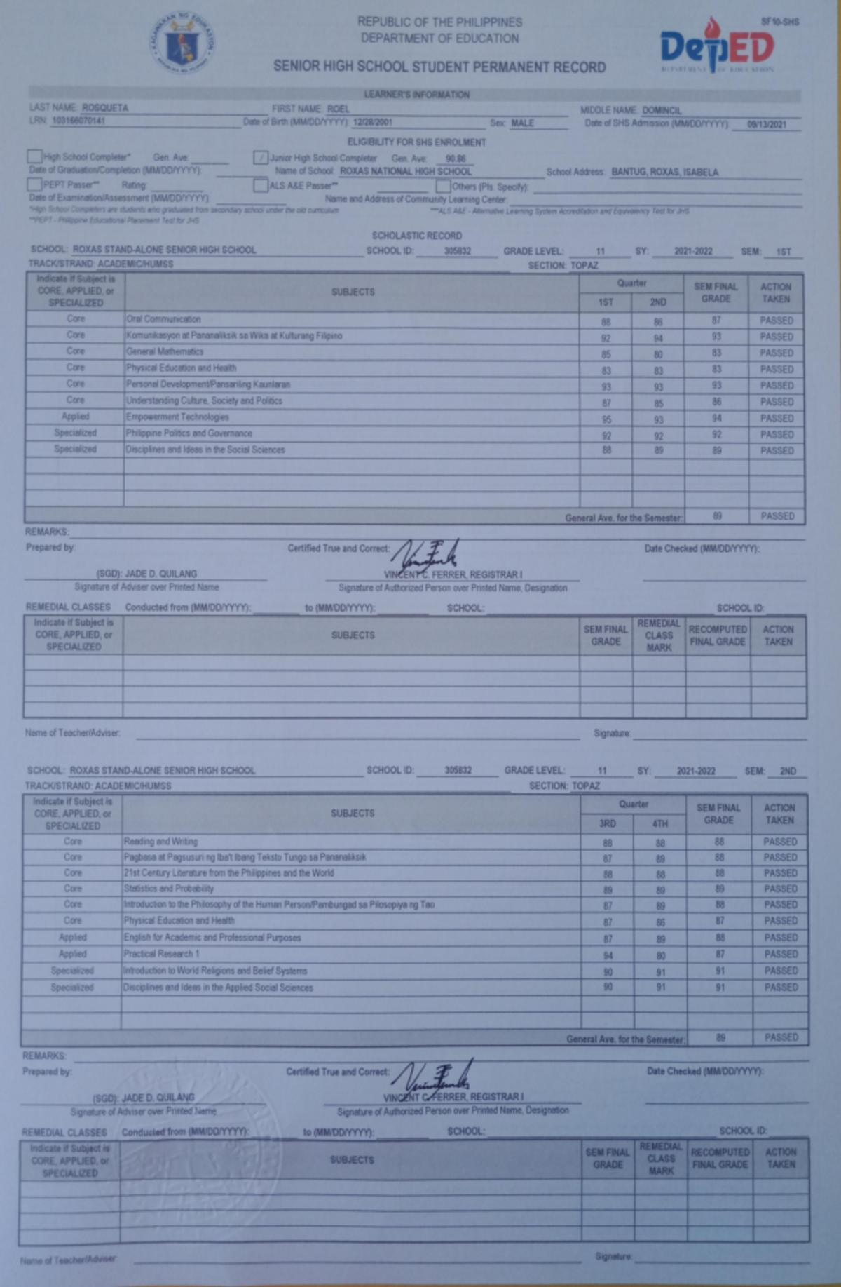 ROXAS SHS Form 137 - Student Permanent Record for Roel Rosqueta - Studocu