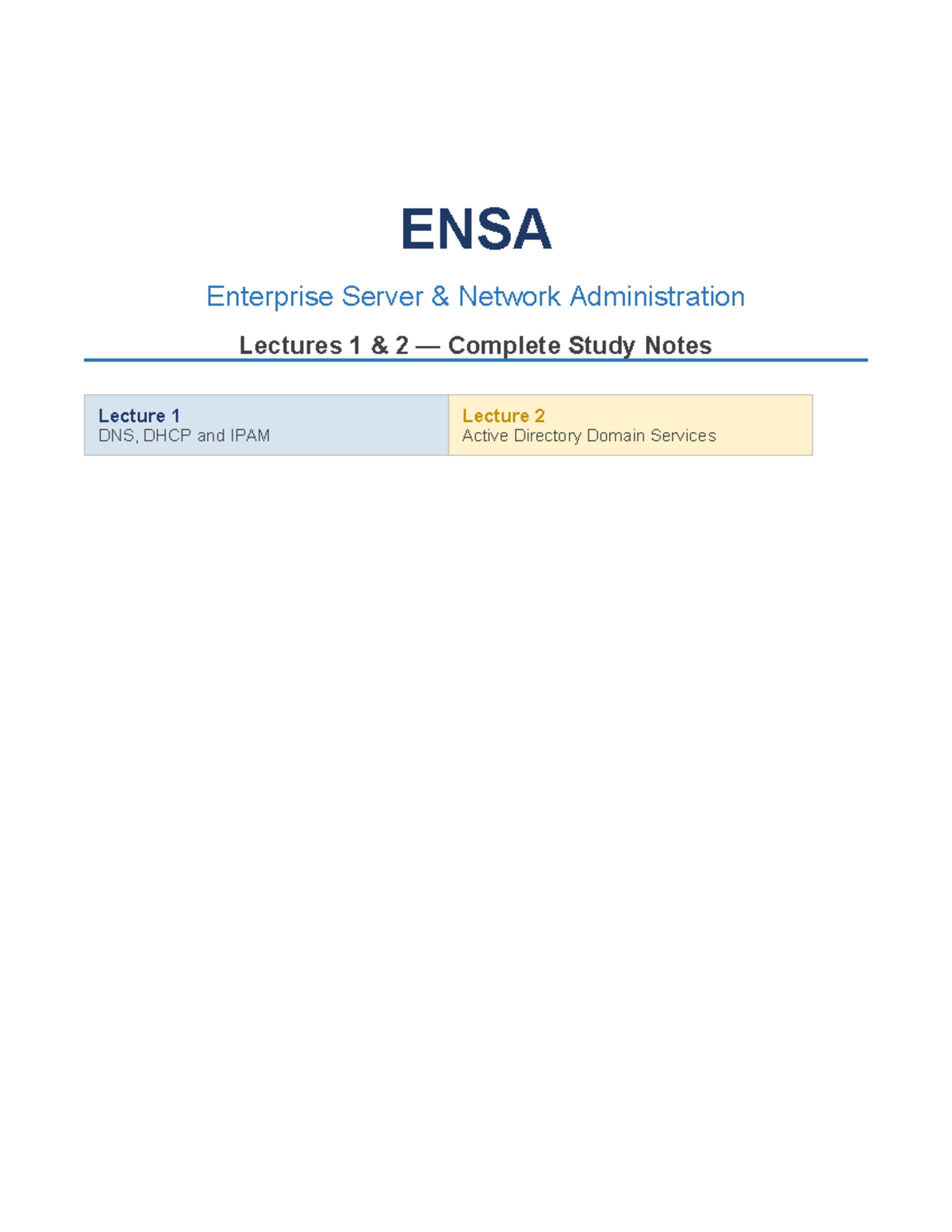 ENSA 1241421 Complete Study Notes: Lectures 1 & 2 on DNS, DHCP, and AD ...