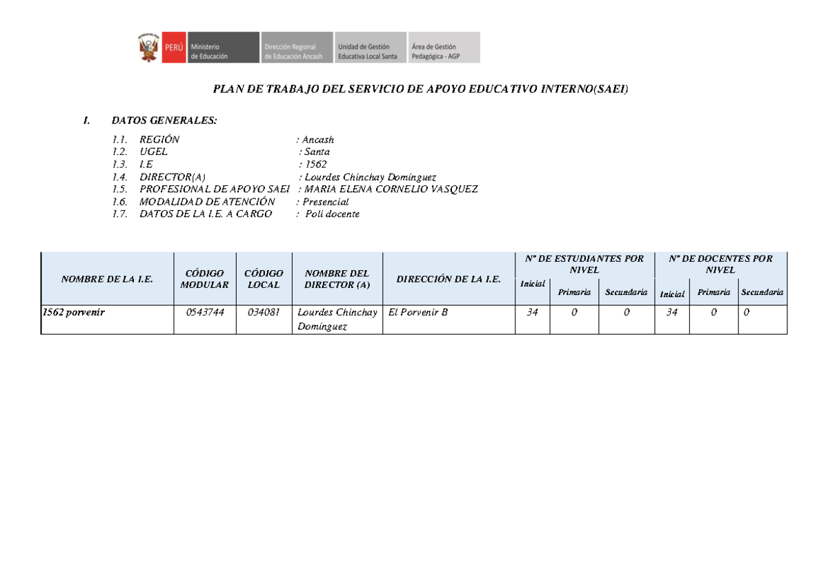 PLAN DE TRABAJO SAEI 2024 - 1562 El Porvenir, Inclusión Educativa - Studocu
