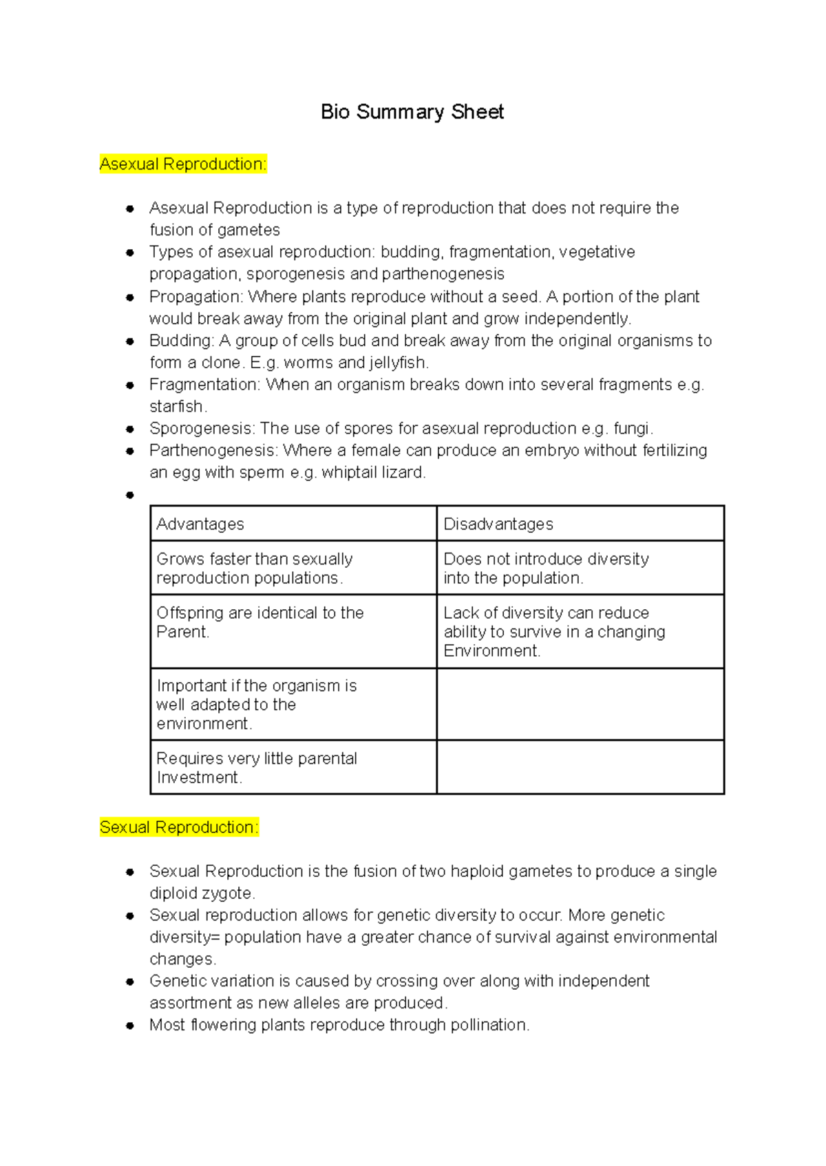 Bio Summary Sheet: Asexual & Sexual Reproduction Overview - Studocu