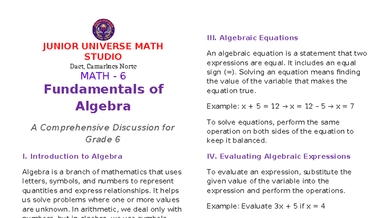 MATH 6 Fundamentals of Algebra: A Comprehensive Guide - Studocu