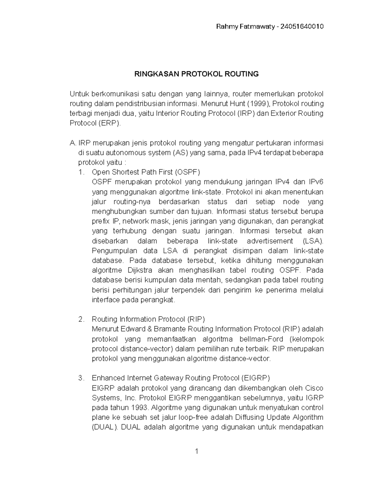 24051640010 Ringkasan Protokol Routing OSPF, RIP, EIGRP dan BGP - Studocu