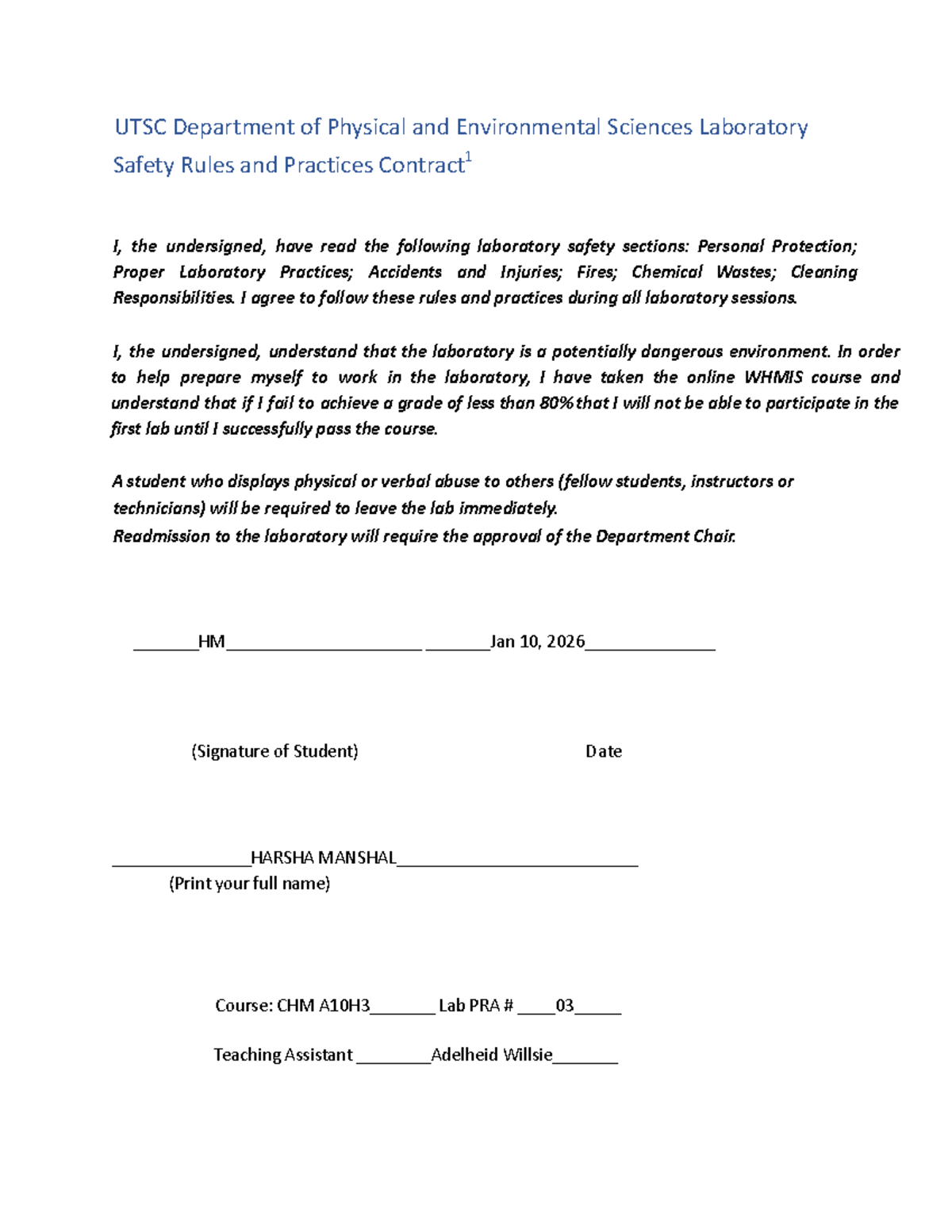 CHM Lab Safety Rules and Practices Contract - Studocu