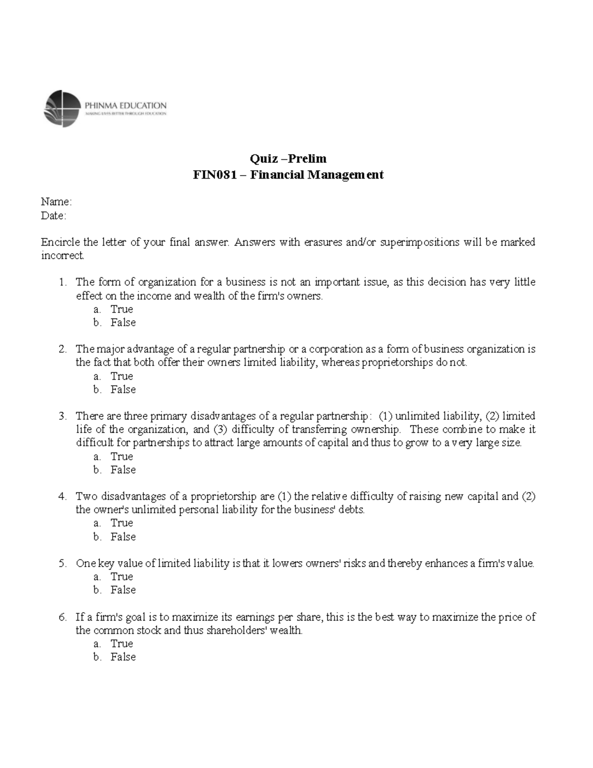 Financial Quiz FIN081: Key Concepts in Financial Management - Studocu