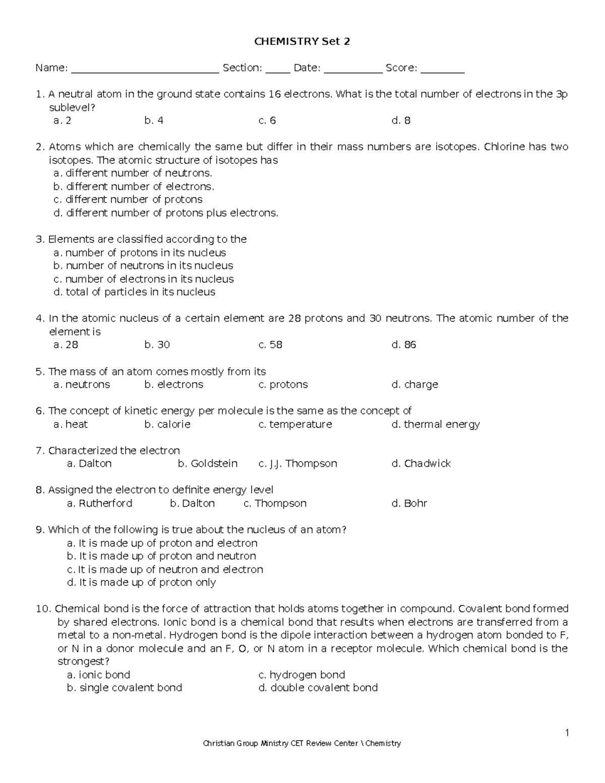 Chemistry 2 mock quiz - CHEMISTRY Set 2 Name ...