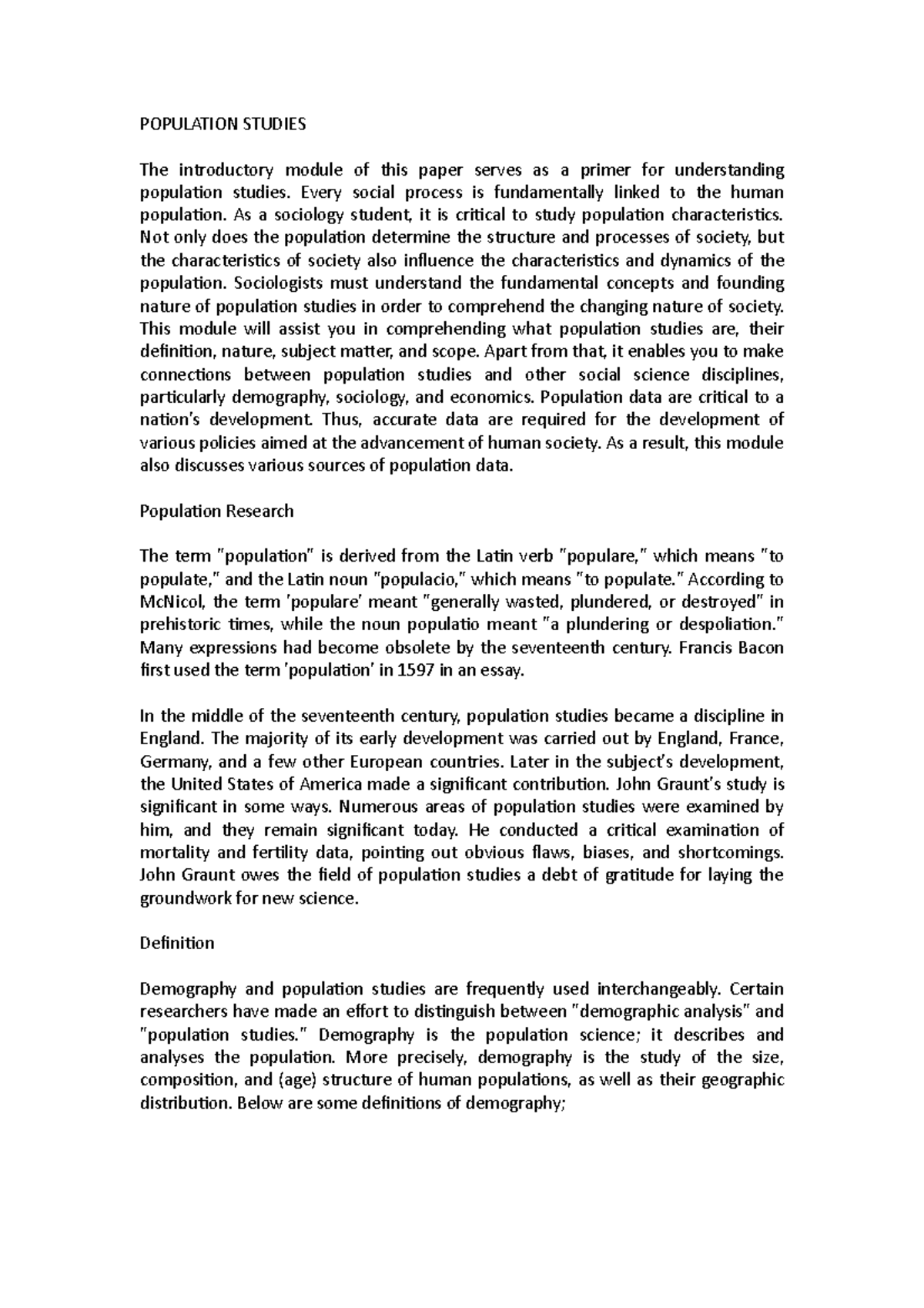 Population Studies - Sociology Lecture Notes 19: Key Concepts and ...