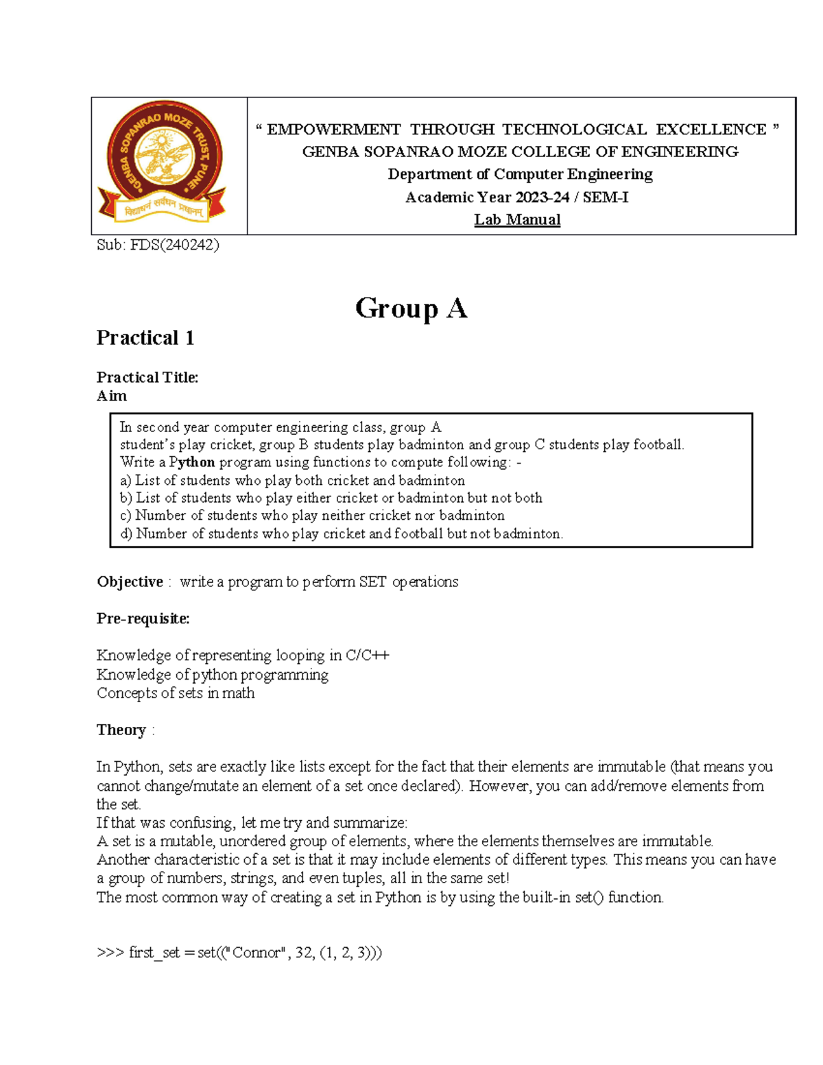 FDS(240242) Lab Practical Manual for Python Programming and Data Structures - Studocu