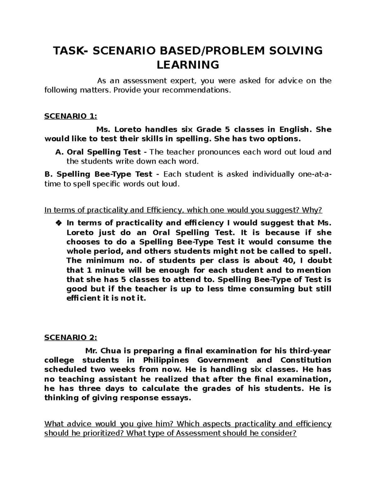 Scenario Based Problem Solving Learning - TASK- SCENARIO BASED/PROBLEM SOLVING LEARNING As an ...