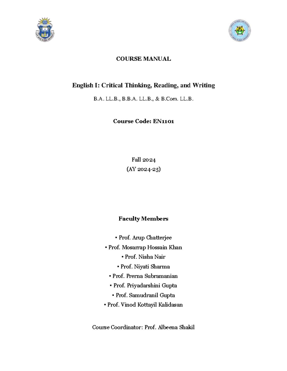 Course Manual: English I - Critical Thinking, Reading & Writing (EN1101 ...