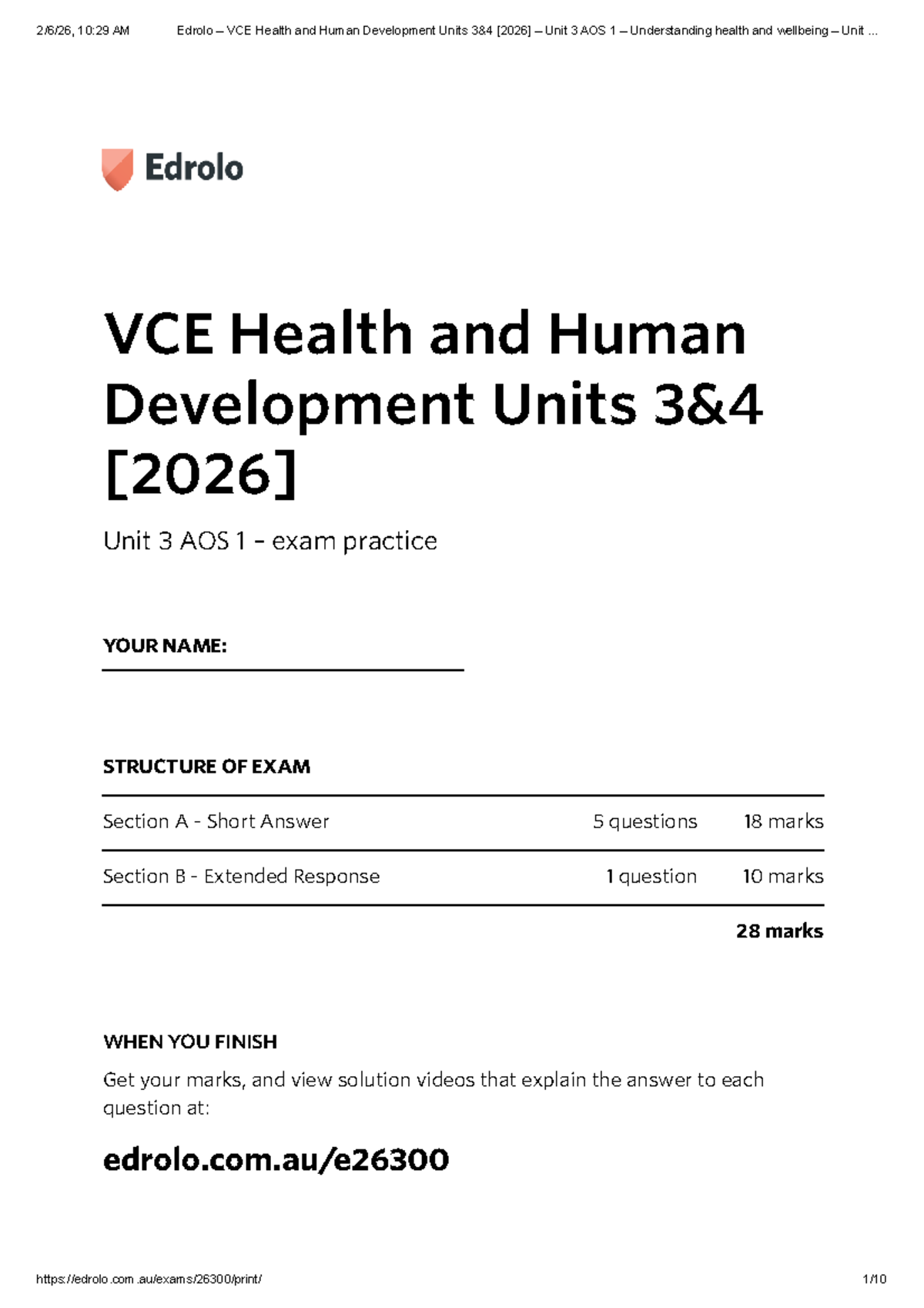 Practice SAC 1 - AOS 1: Understanding Health & Wellbeing (VCE) - Studocu