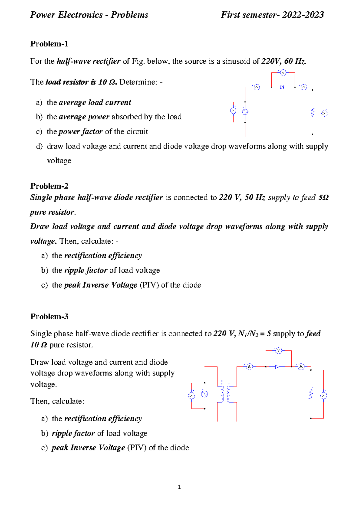 Power Electronics - Uncontrolled Rectifier Problems (1st Sem, 2022-23 ...