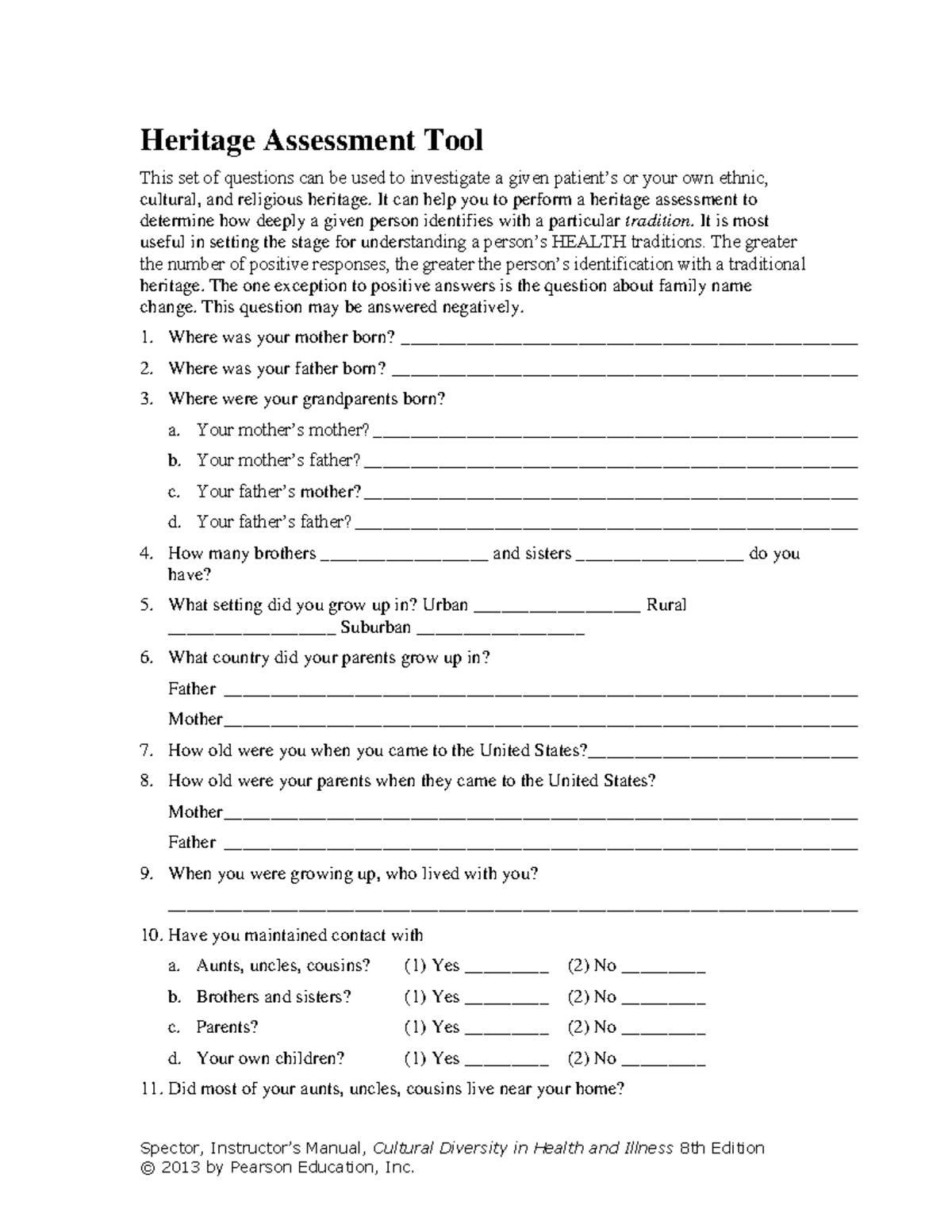 Heritage Assessment Tool for Cultural Diversity in Health - 8th Ed ...
