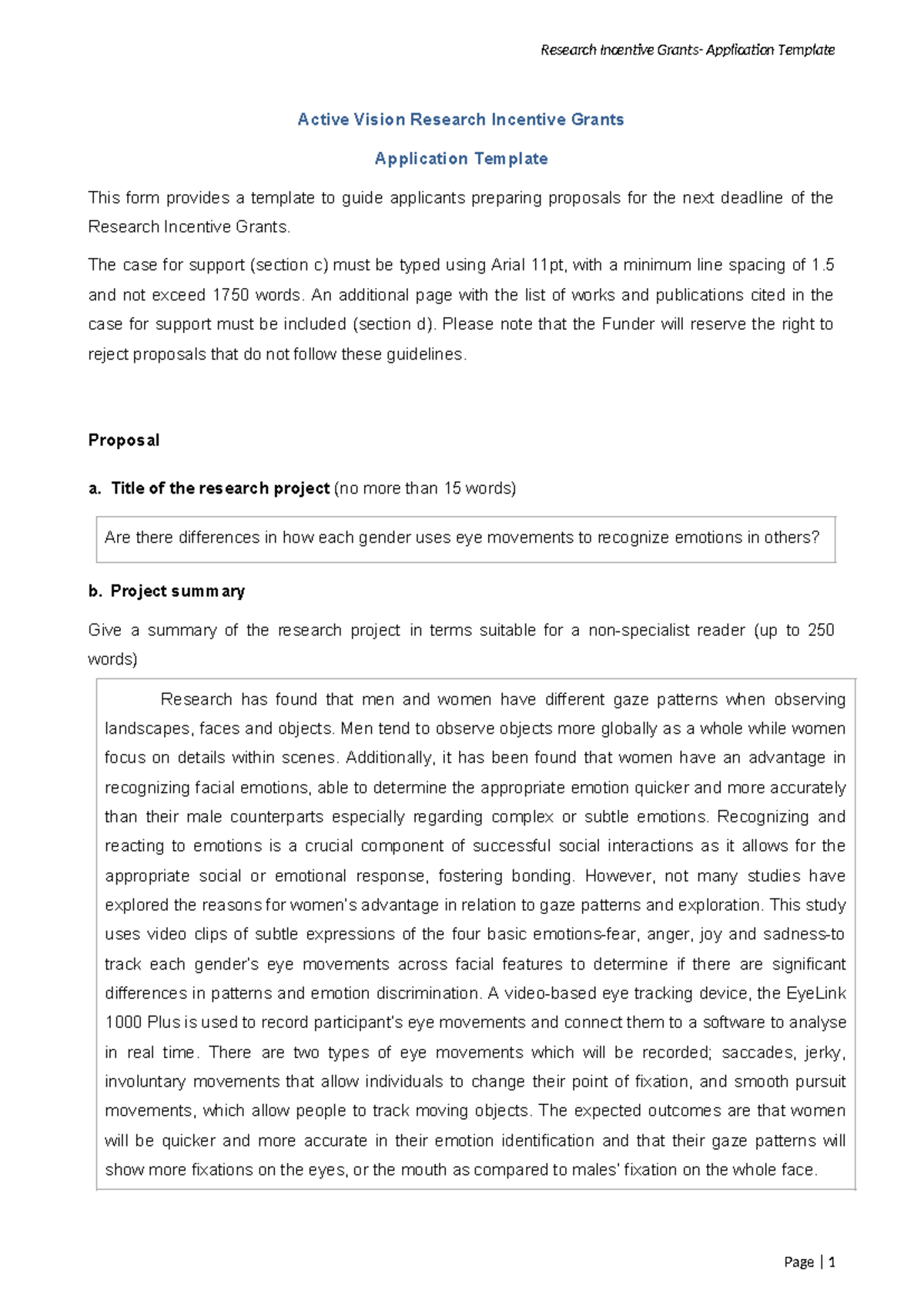 Project Proposal - Active Vision Research Incentive Grants Application ...