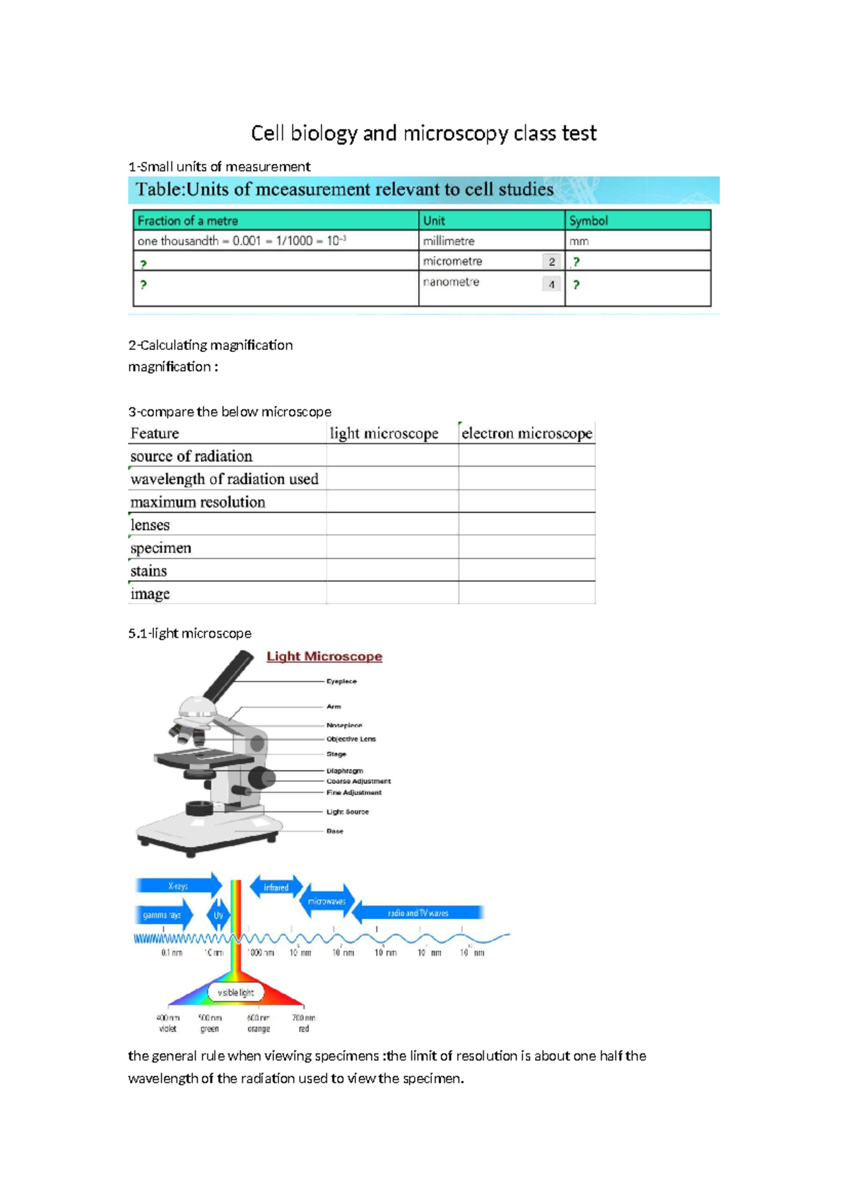 Cell Biology & Microscopy Class Test: Units of Measurement ...