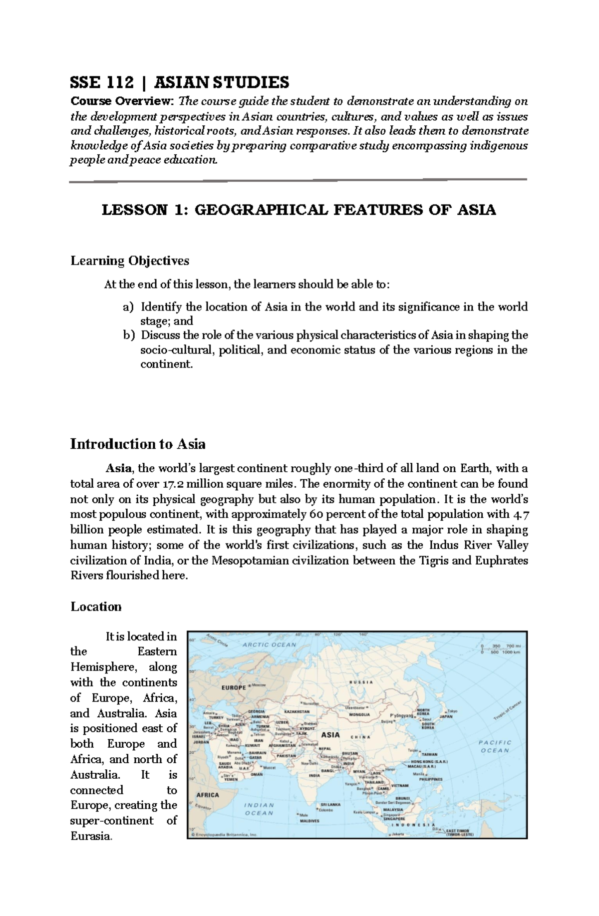 SSE 112: Lesson 1 - Geographical Features of Asia Explained - Studocu