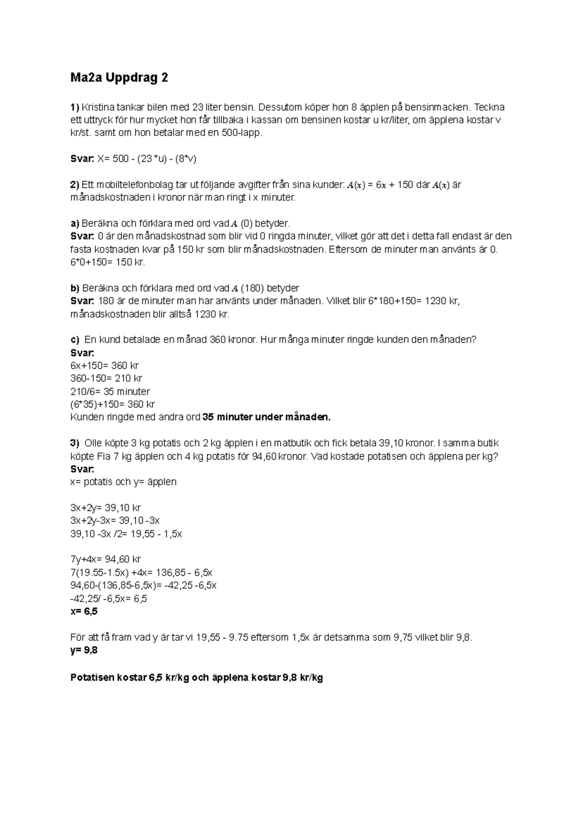 Uppdrag 3 Ma2a-27: Grundläggande och Avancerade Matematikuppgifter ...