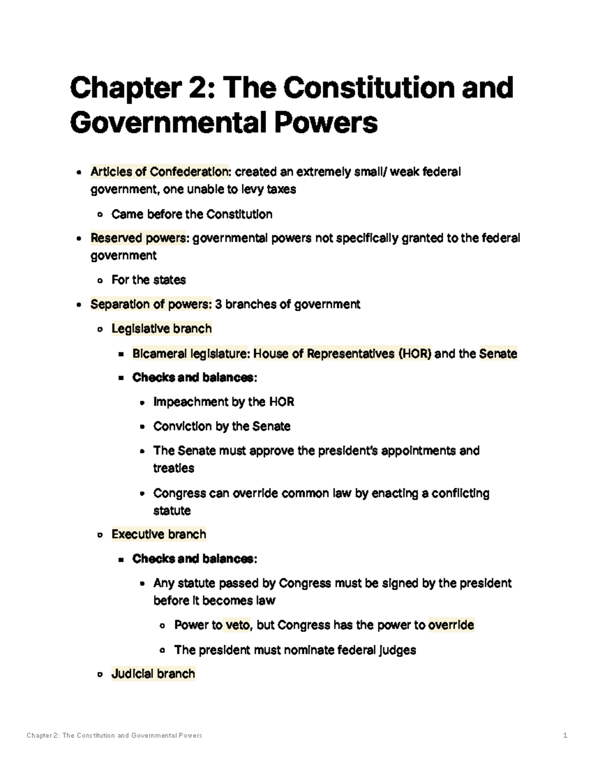 Chapter 2: The Constitution & Governmental Powers Overview - Studocu