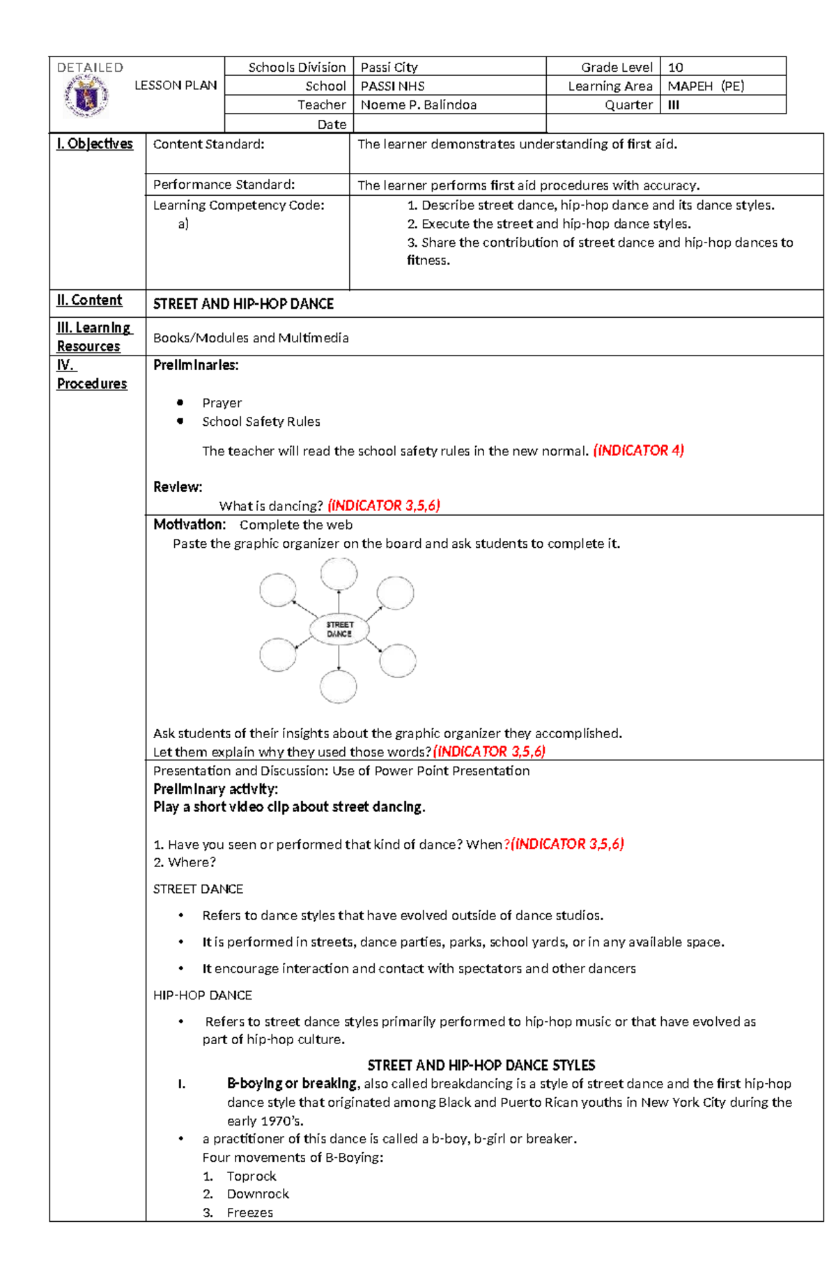 Quarter 3-PE: Street and Hip Hop Dance Lesson Plan - Studocu