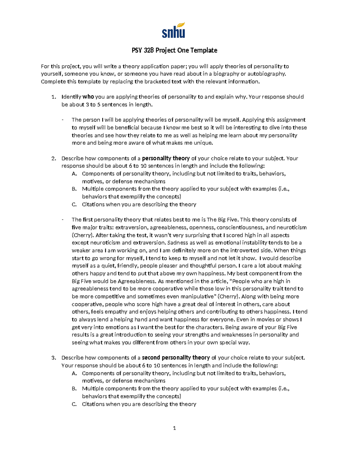 PSY 328 Project One: Theory Application Paper Template - Studocu