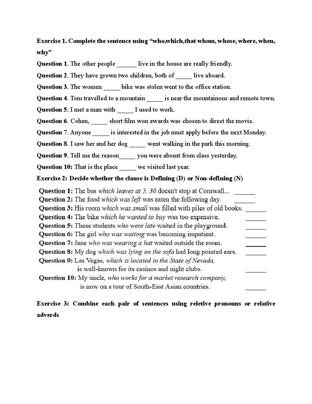 BT Mệnh Đề Quan Hệ - Exercise 1 & 2: Relative Pronouns Usage - Studocu