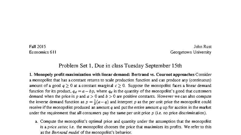 Fall 2015 Economics 611 Problem Set 1 Solutions - Microeconomics - Studocu