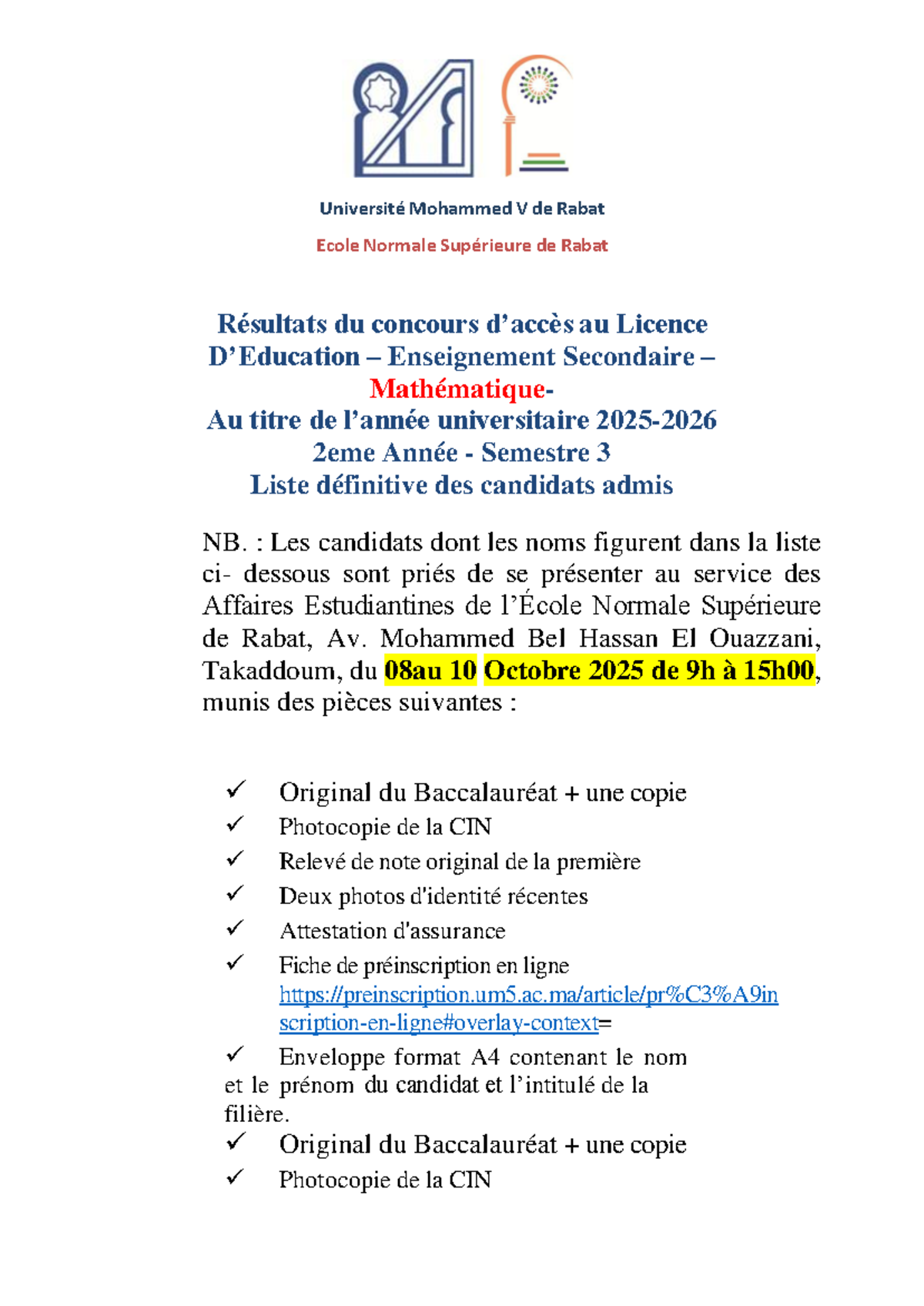 Liste des candidats admis au concours S3 LE Mathématiques 2025 - Studocu