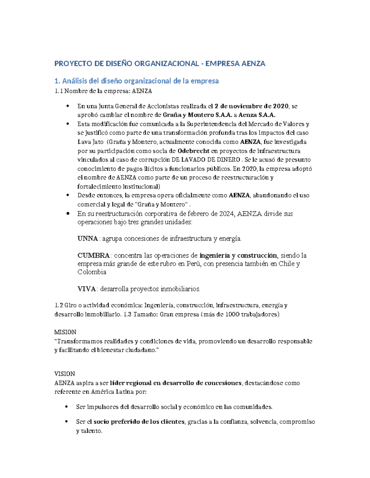 Proyecto de Diseño Organizacional AENZA: Análisis y Estructura - Studocu