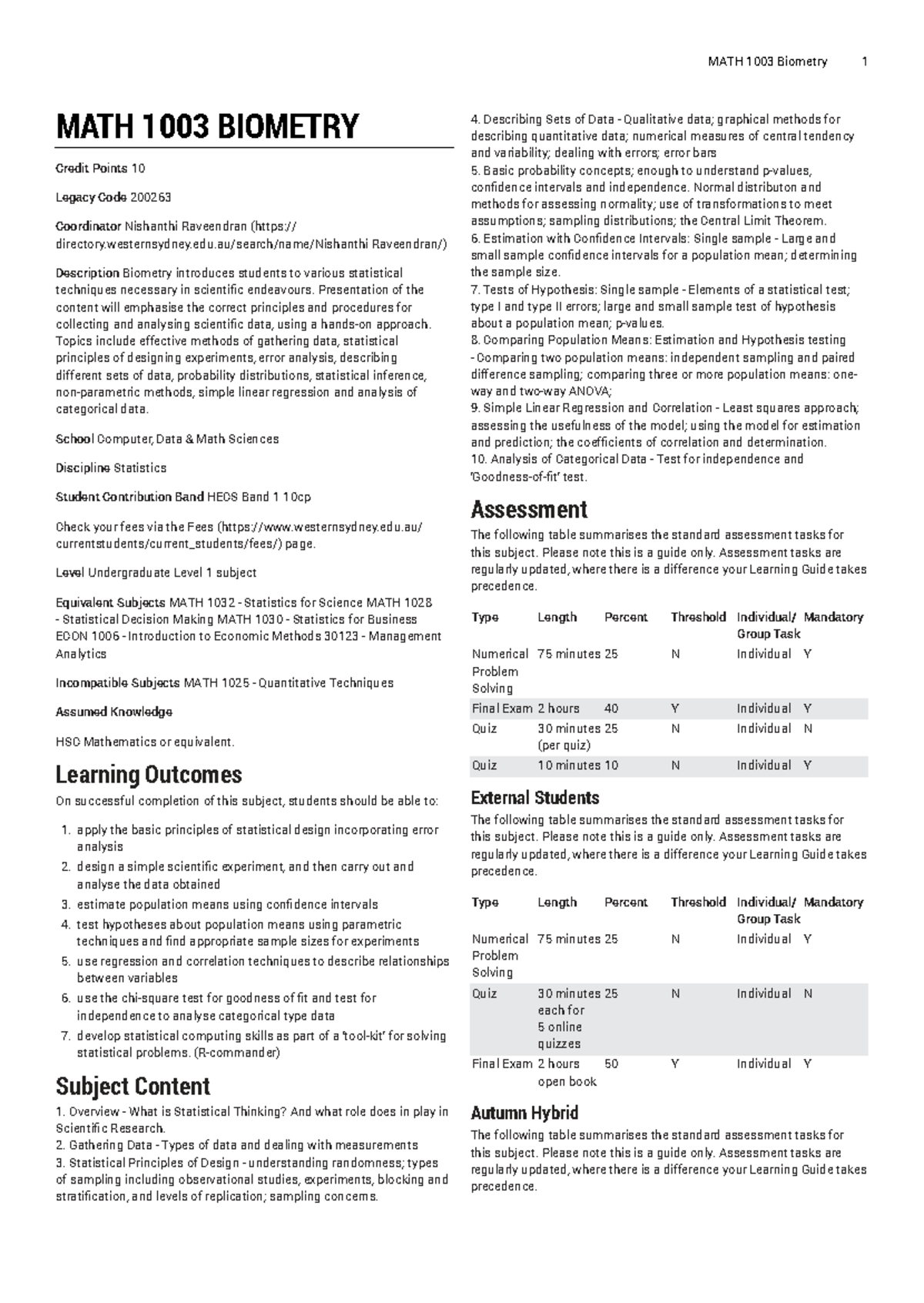 MATH 1003 Biometry - Subject Outline and Assessment Details - Studocu