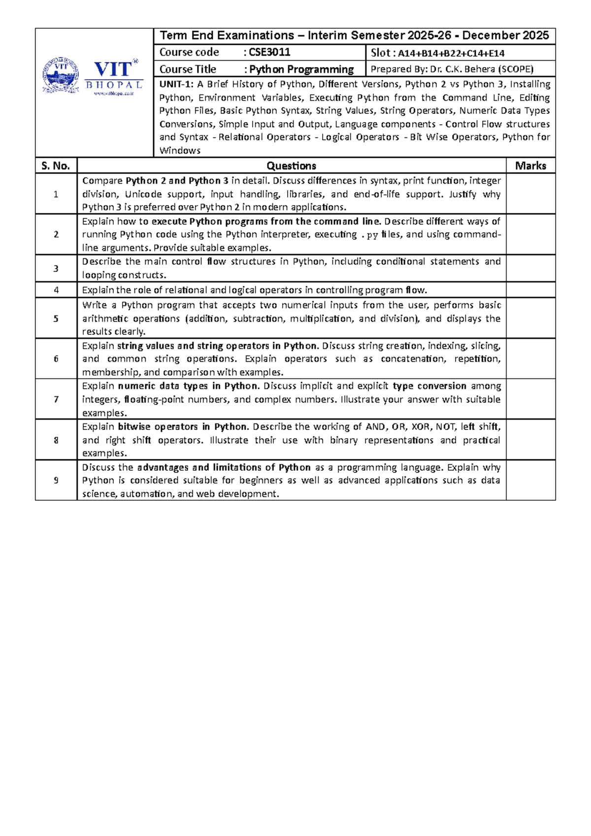 CSE3011 - Python Programming Term End Exam Review - December 2025 - Studocu