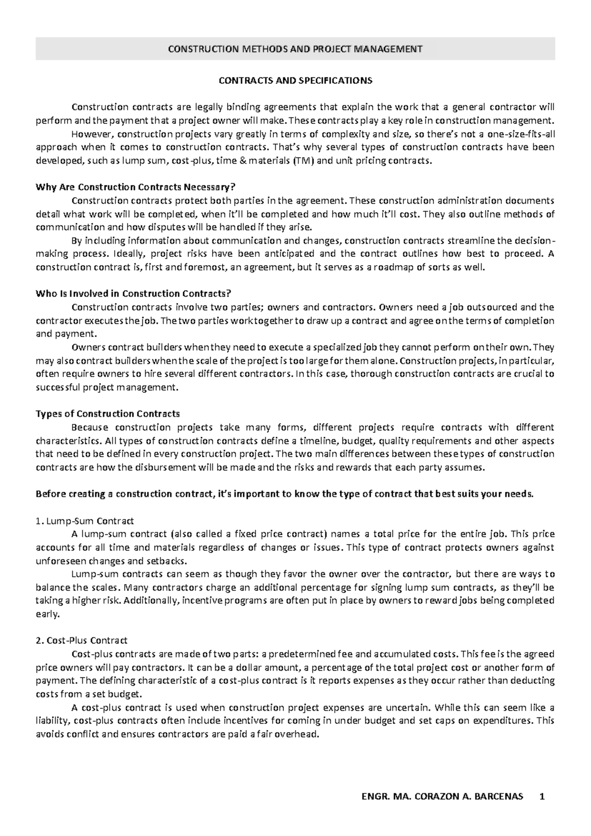 LEC Notes 1: Construction Contracts and Project Management ...