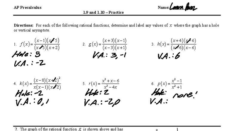 AP Precalculus 1.9 & 1.10 Rational Functions Practice - Studocu