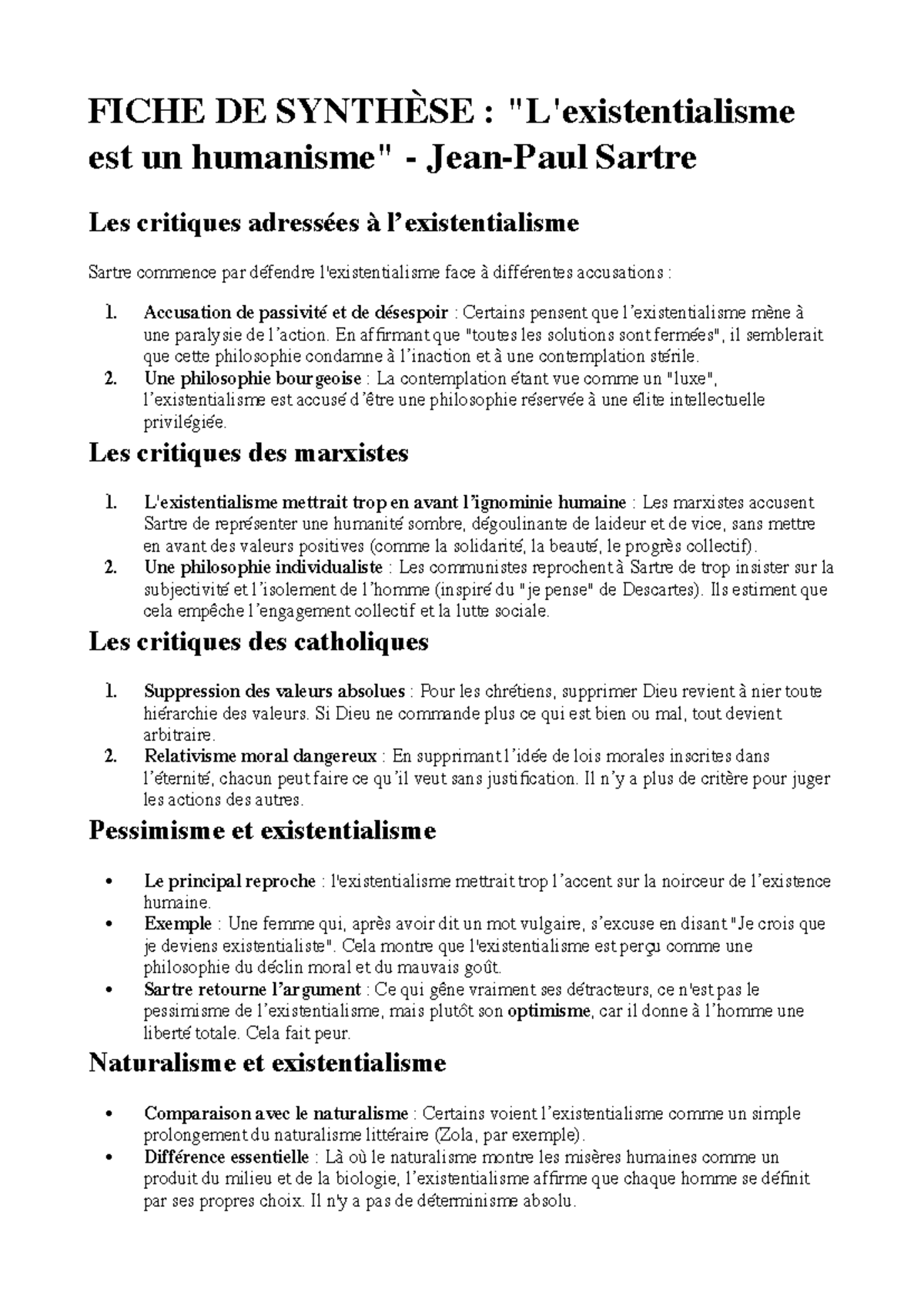 SYNTHÈSE : Critiques et Concepts de l'Existentialisme de Sartre - Studocu