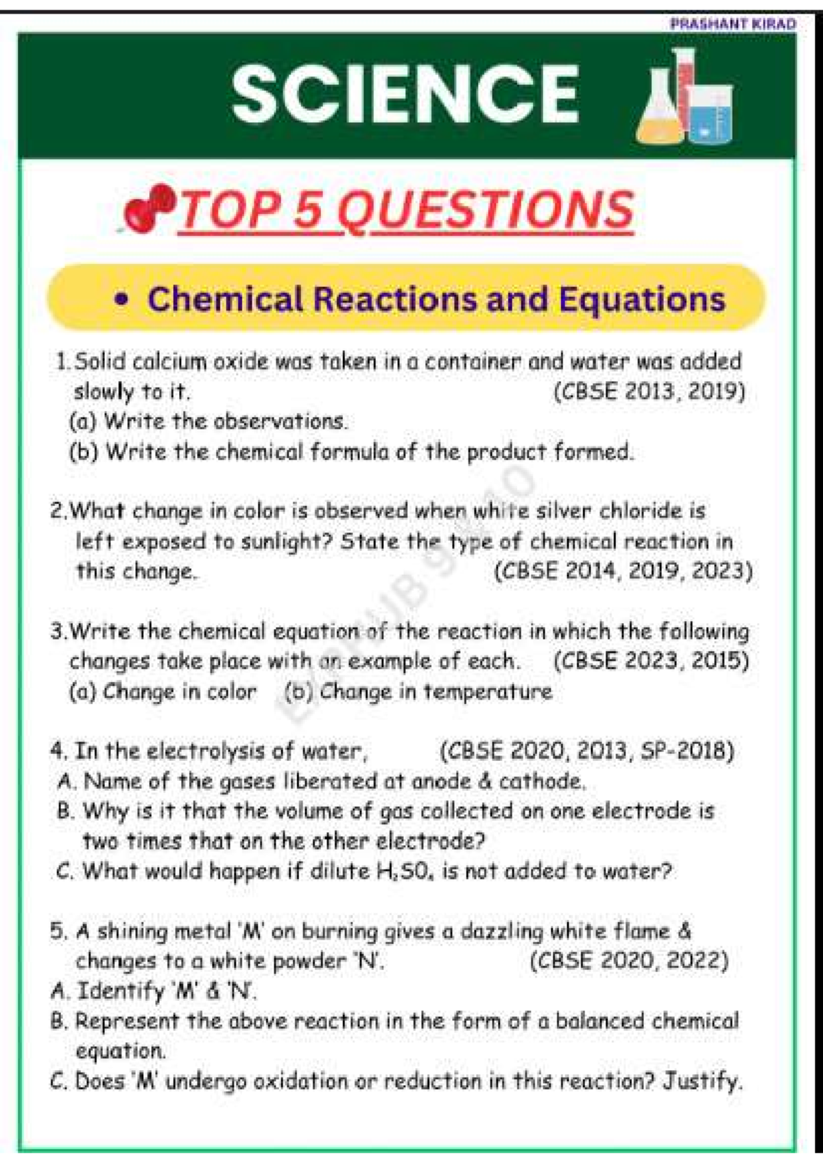 PRASHANT KIRAD SCIENCE: TOP 5 Qs on Chemical Reactions & Equations - Studocu