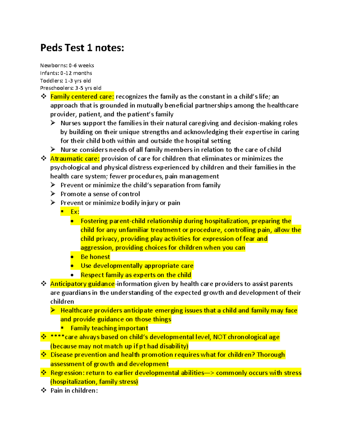 PEDS 101: Comprehensive Notes for Test 1 Preparation - Studocu