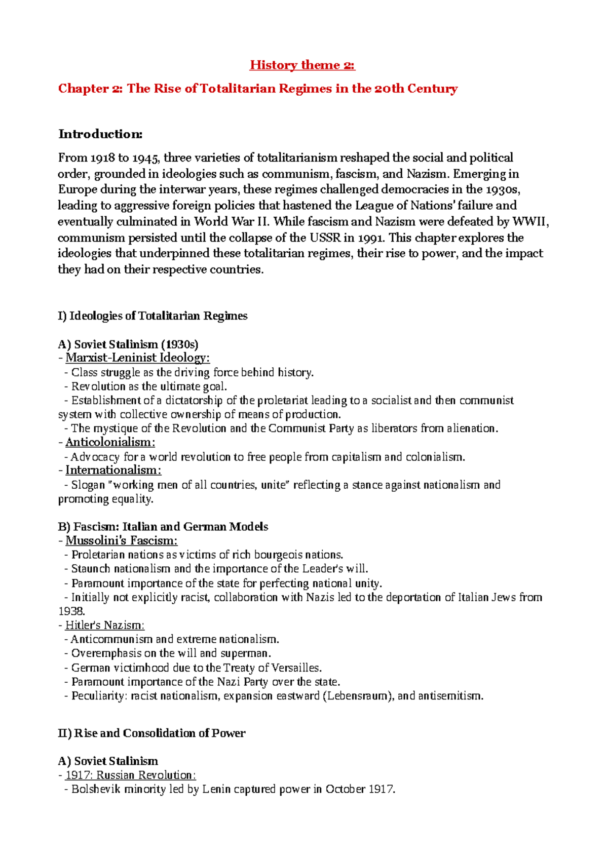 Revision Sheet - The Rise of Totalitarian Regimes in the 20th Century ...