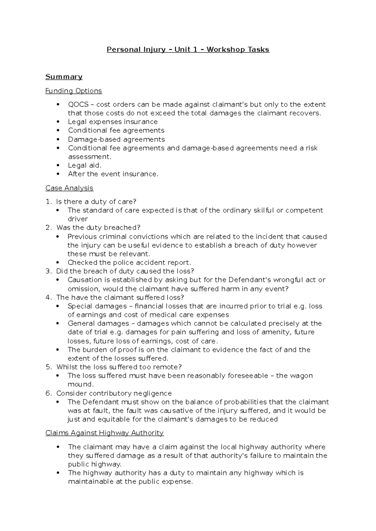 Personal Injury - Unit 1 - Workshop Tasks Summary and Funding Options - Studocu
