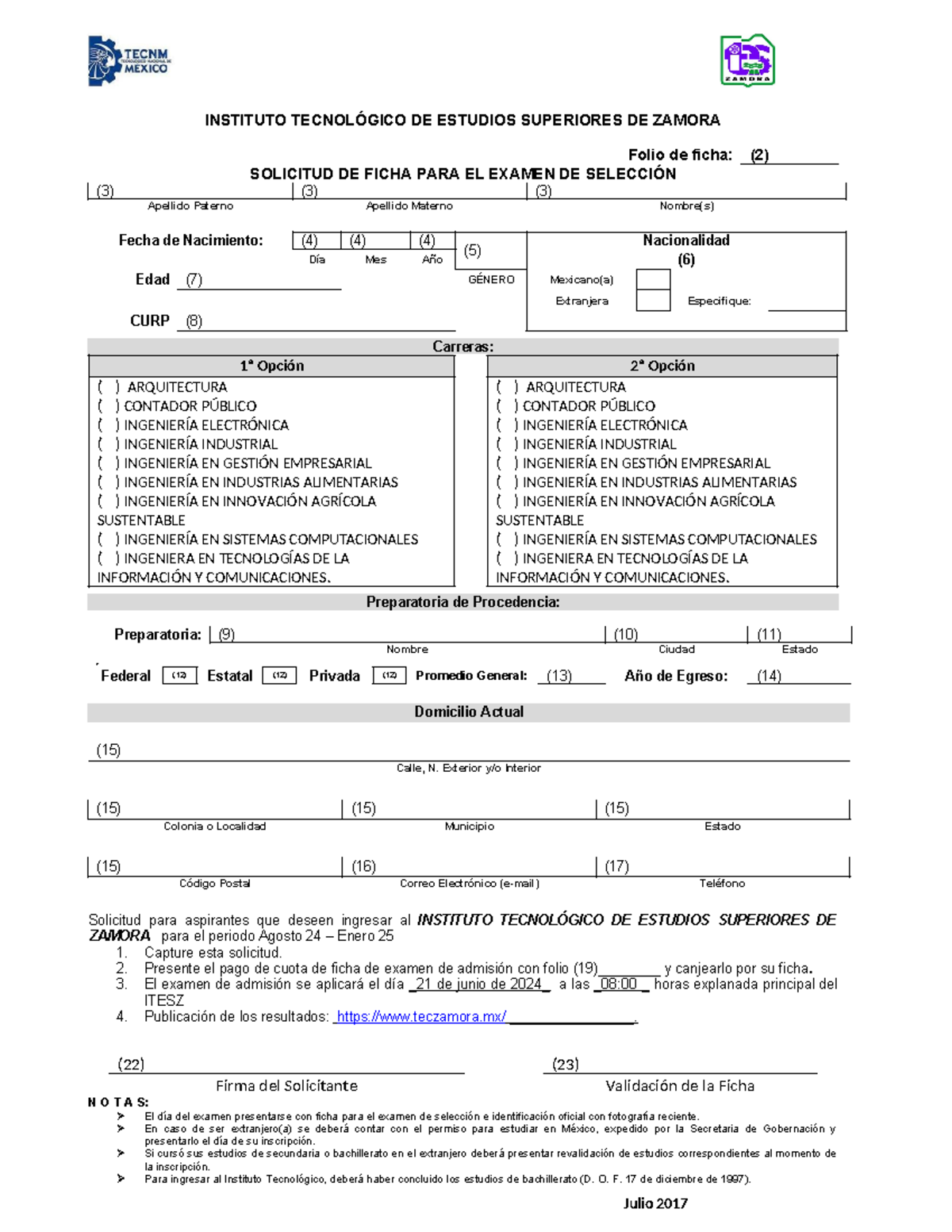 Solicitud para Examen de Selección ITESZ 2024 - Ingreso a Carreras ...