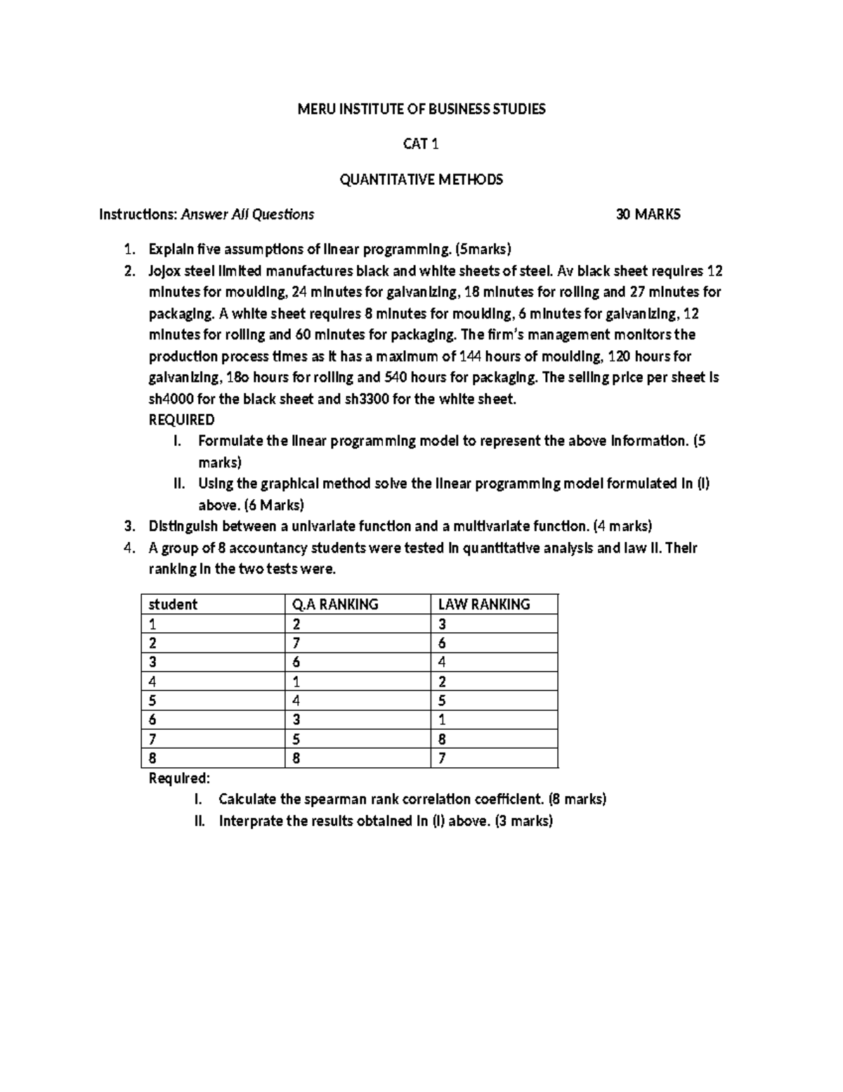 Q.M CAT 1 - Quantitative Methods Exam Preparation Guide - Studocu