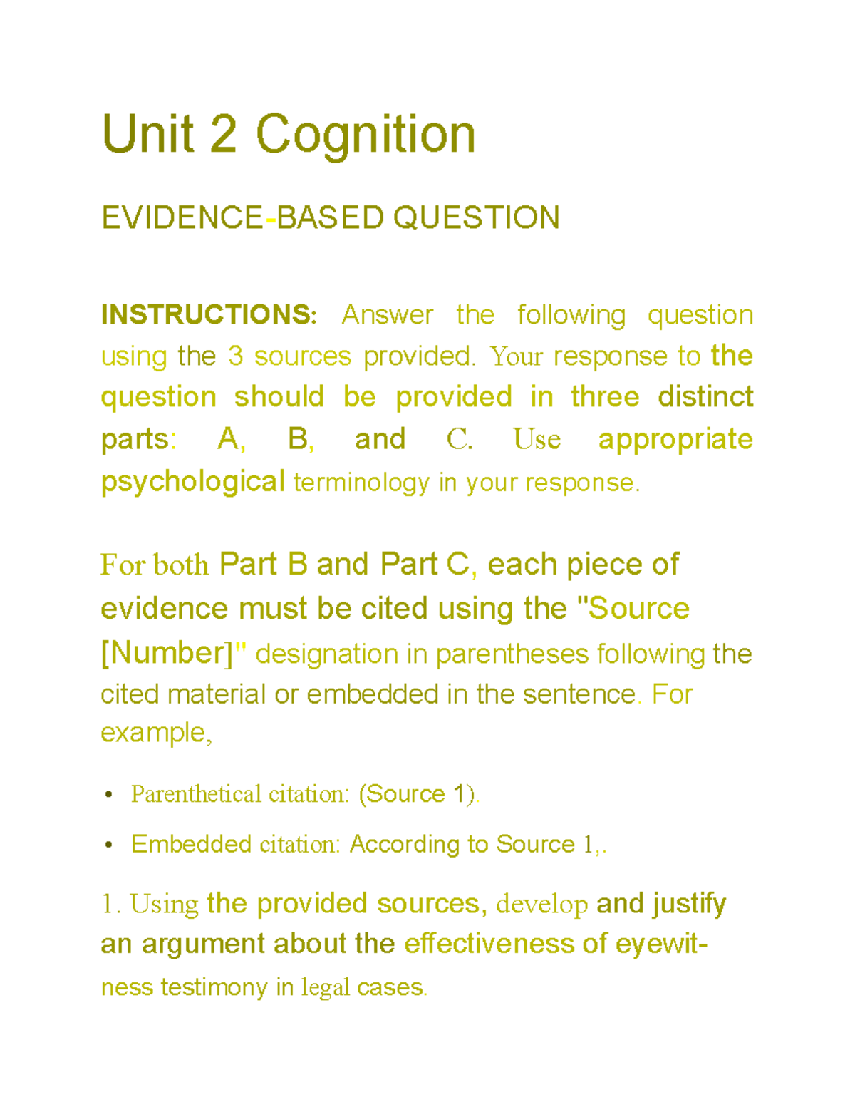 Unit 2 Cognition FRQ Practice: Eyewitness Testimony & Memory Recall ...
