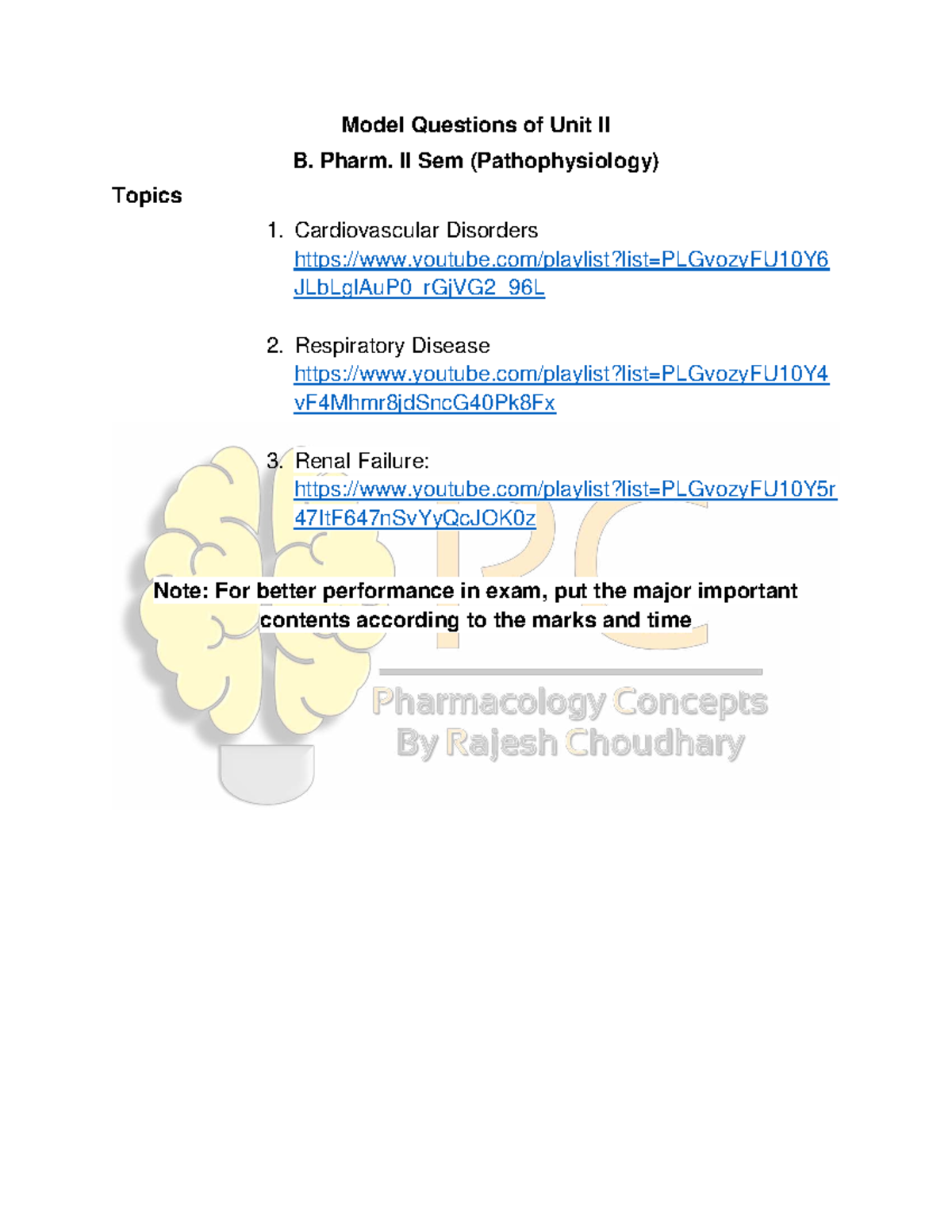 Model Questions for B. Pharm II Sem Unit II: Pathophysiology Exam Prep ...