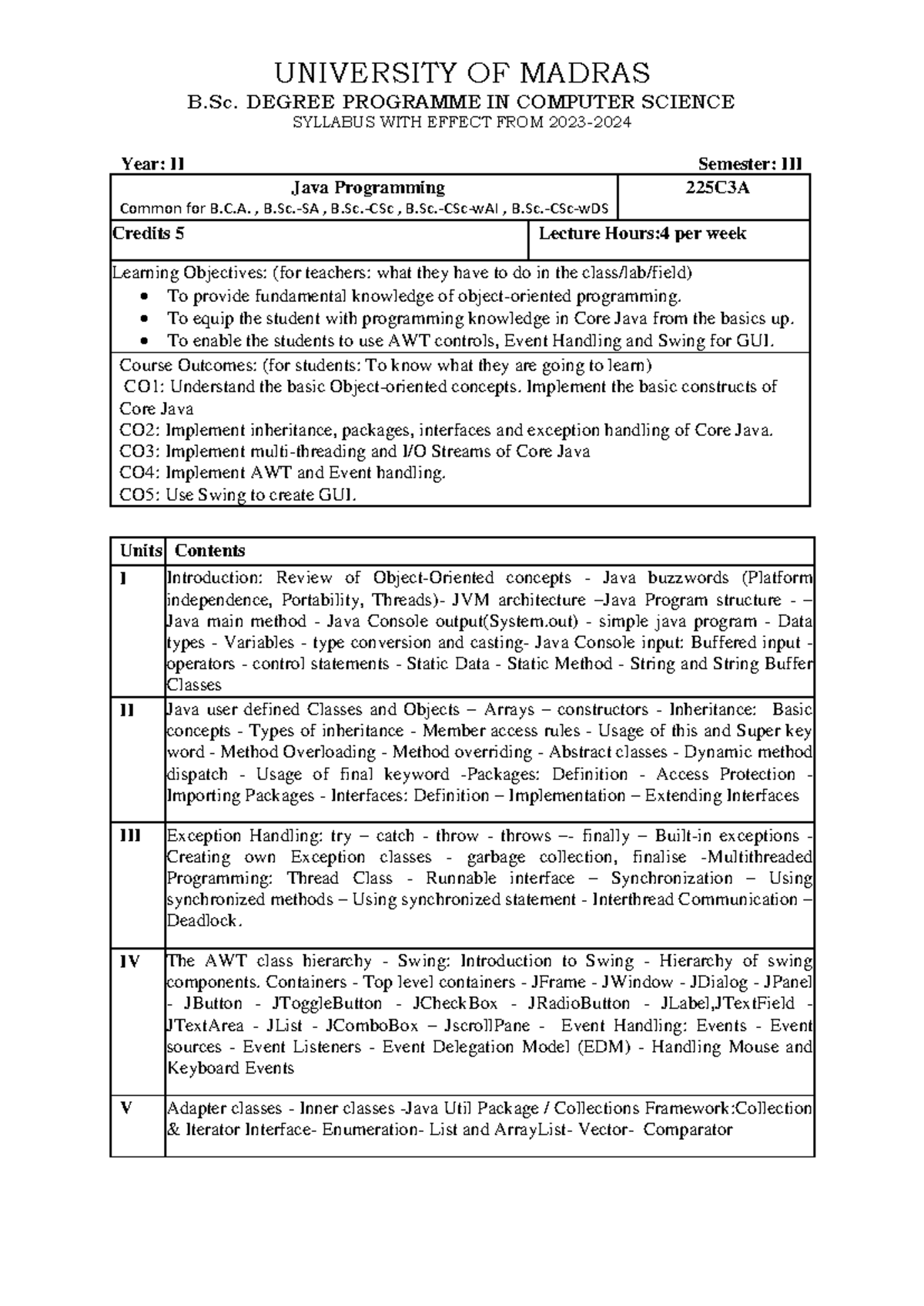 225C3A - Java Programming Syllabus for B.Sc. Computer Science - Studocu